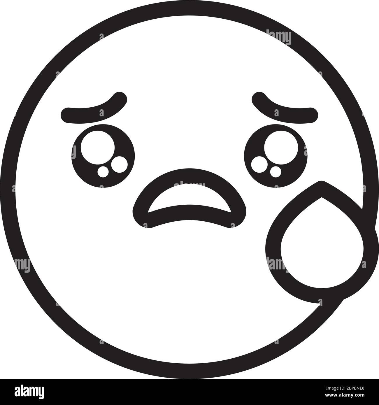 Trauriges Emoji mit Träne-Symbol auf weißem Hintergrund, Linienstil ...