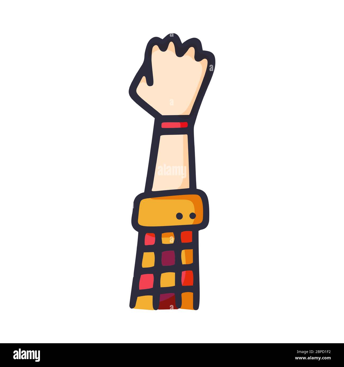 Erhobene Hand zeigt eine Faust, ein Symbol der Stärke und Überlegenheit ...