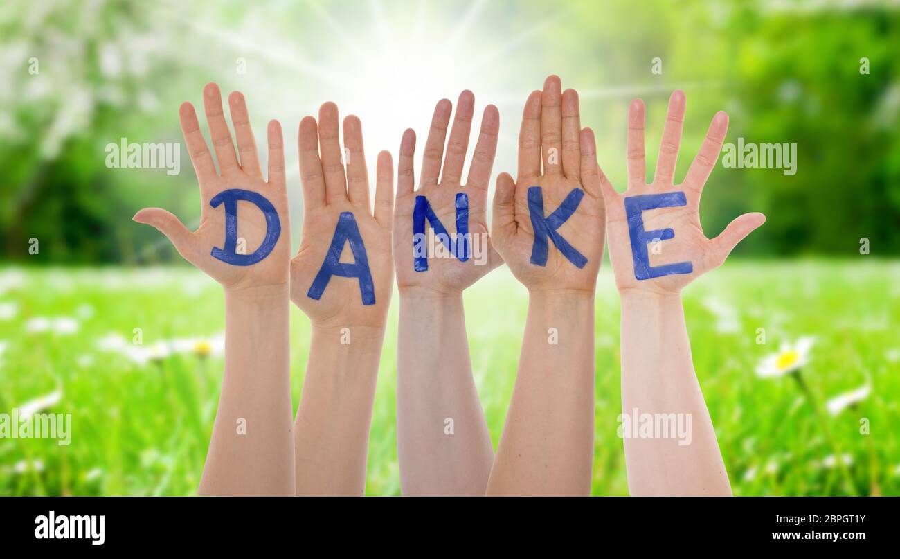 Viele Hände bauen deutsche Wort Danke, Danke. Sonnig und glänzende Gras ...