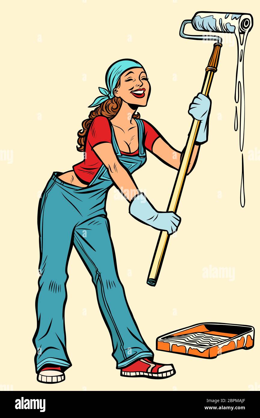 Frau Maler malt die Wände. Professionelle Mitarbeiter. Comic cartoon ...