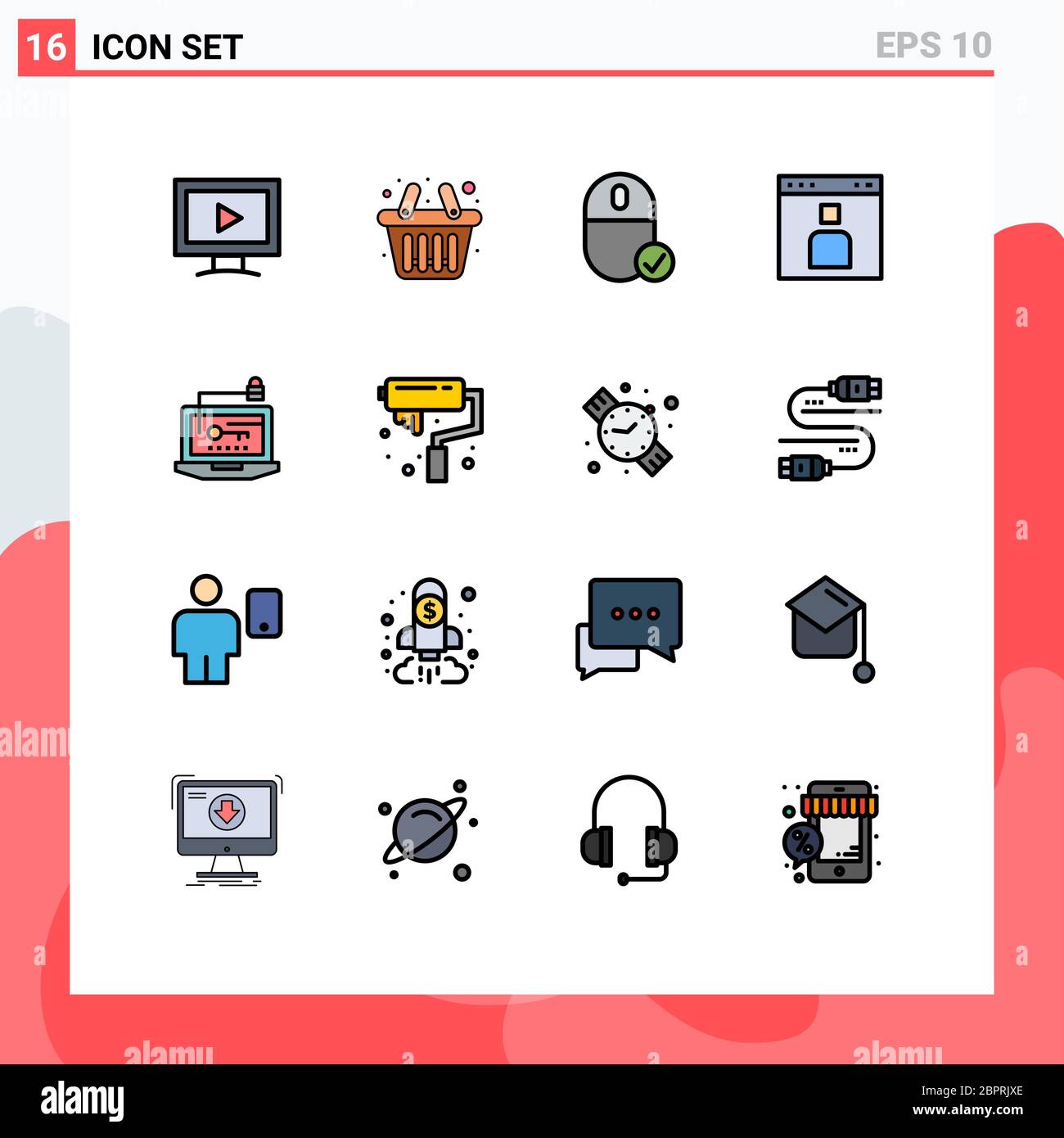 Moderne Set von 16 Flat Color gefüllte Linien Piktogramm des Zugriffs ...