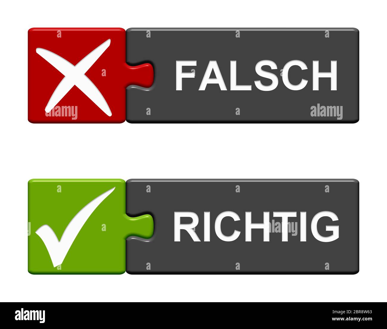 Zwei Puzzle-Knöpfe rot und grün zeigen falsch und richtig in deutscher ...