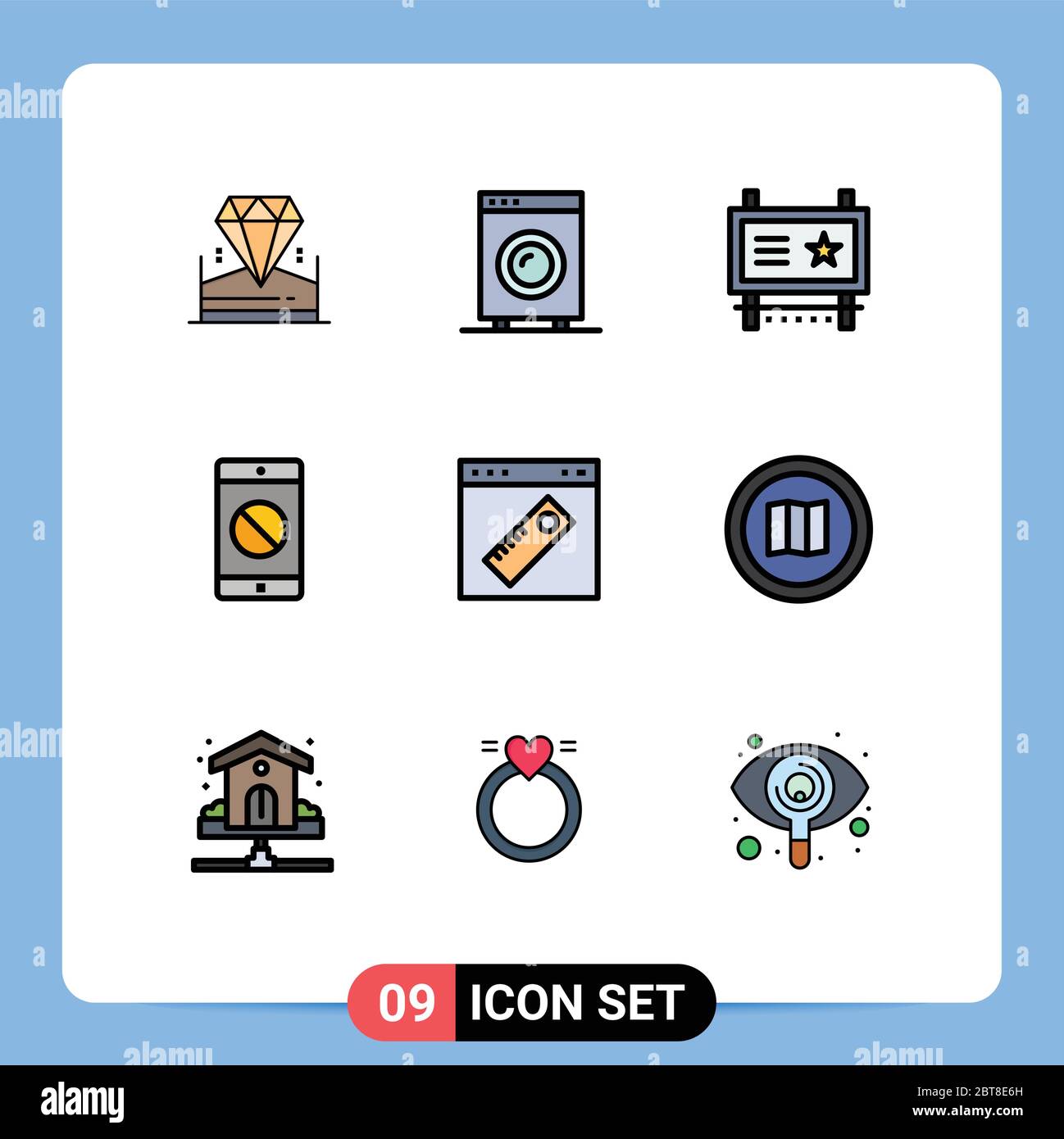 Mobile Schnittstelle Filledline Flat Color Set von 9 Piktogramme der ...