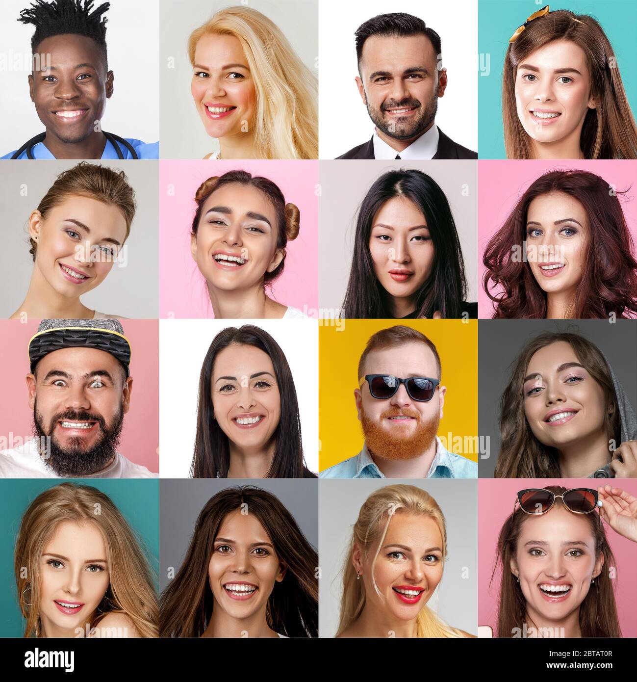 Collage aus glücklichen lächelnden Gesichtern von Menschen. Glückliche Männer und Frauen, die ...