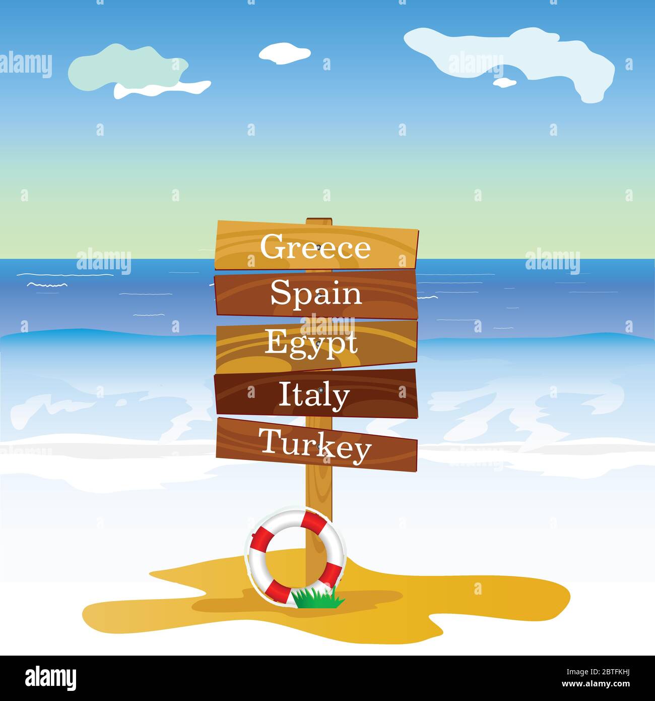 Strand mit Schild Cartoon Vektor Illustration Stock-Vektorgrafik - Alamy