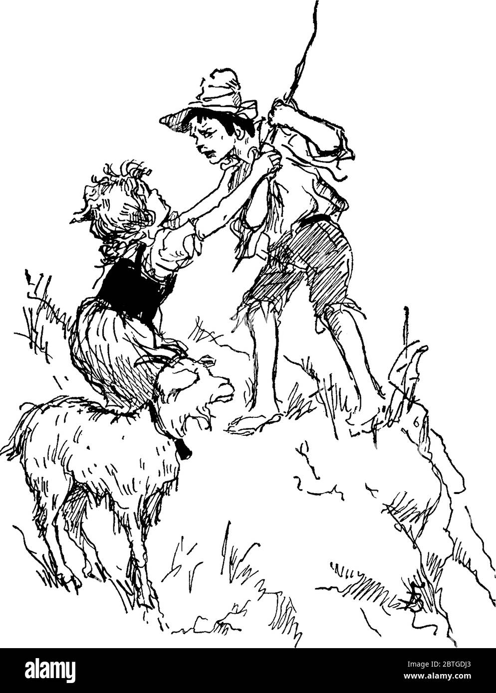 Das Bild zeigt Heidi und Peter, in dem Heidi versucht, Peter daran zu ...