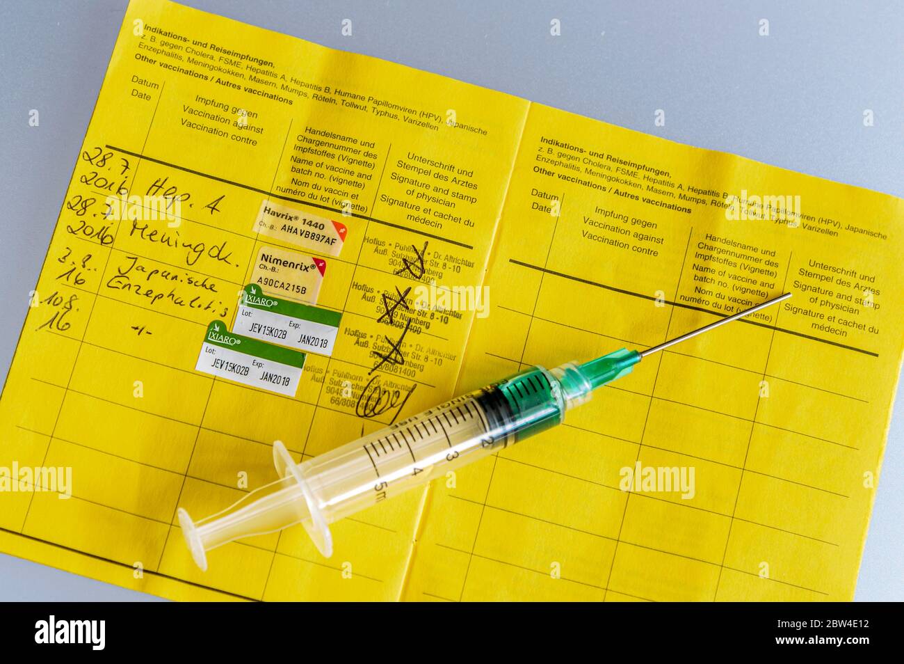 Nürnberg, Deutschland. Mai 2020. Impfbuch mit Spritze (Model Release ...