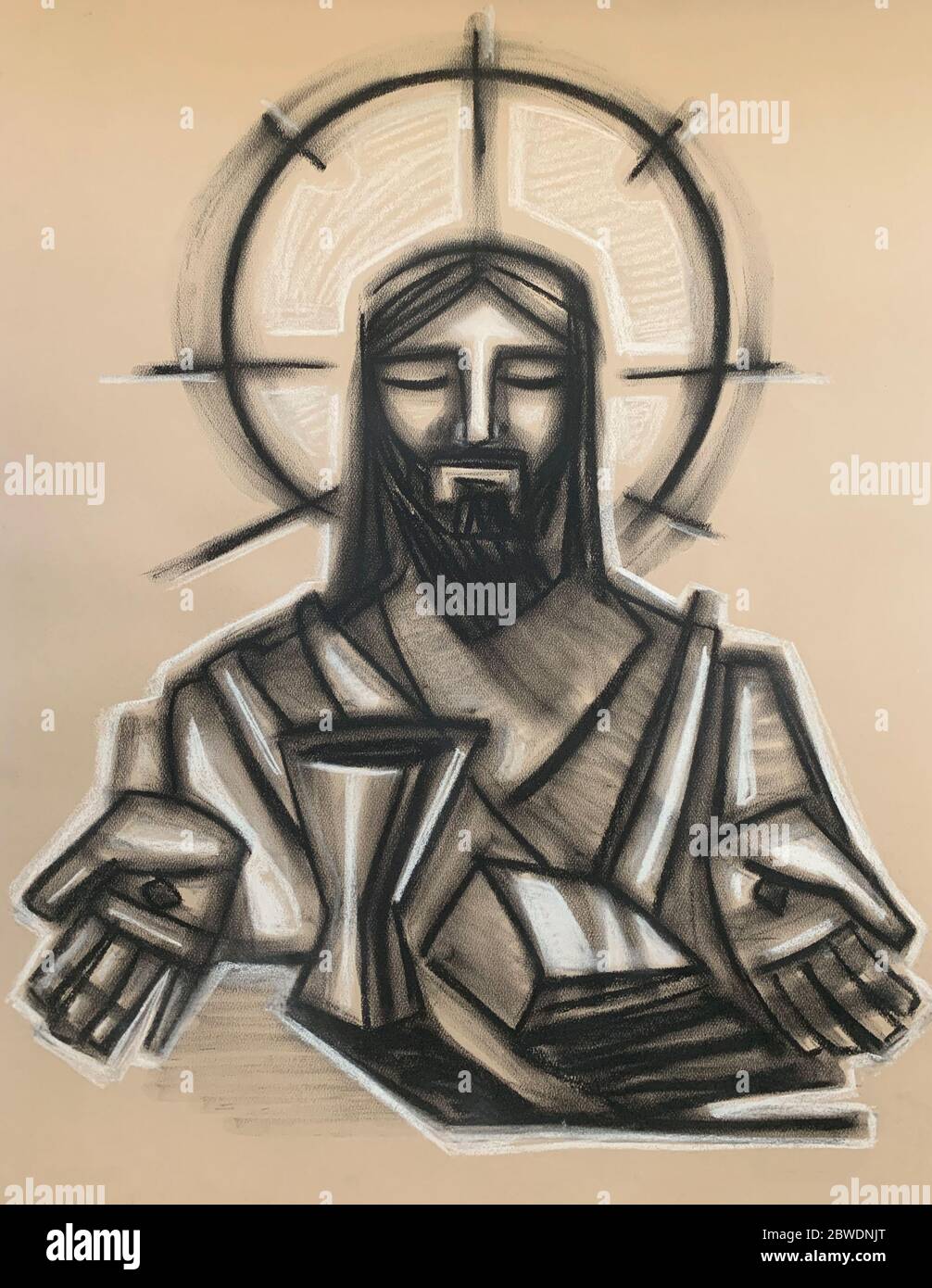 Handgezeichnete Illustration oder Zeichnung von Jesus Christus und Eucharistie Symbole ...