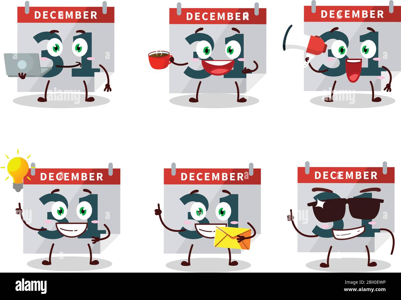 31. Dezember Kalender Cartoon-Charakter mit verschiedenen Arten von ...