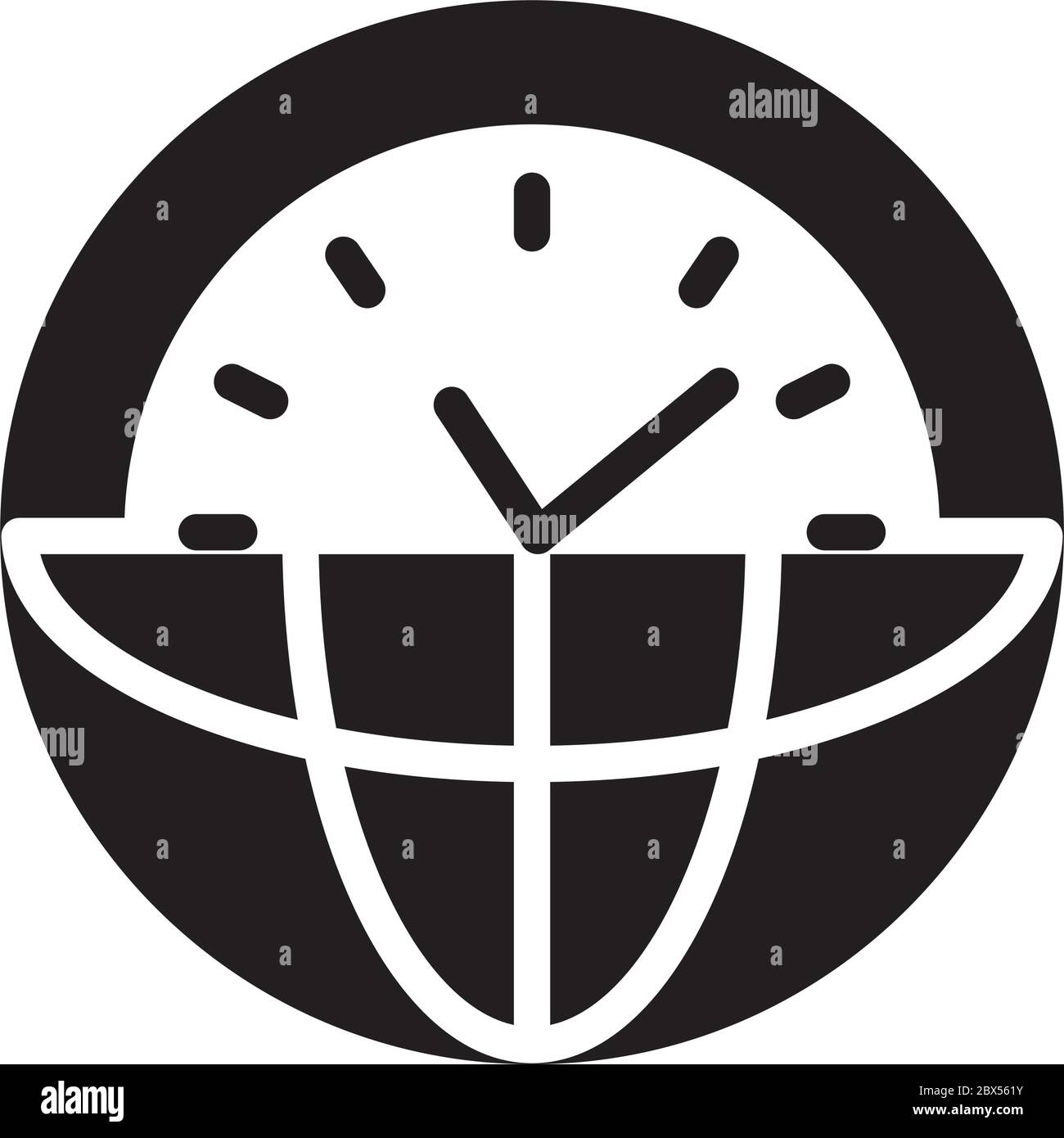 Halb globale Kugel und halb Uhr-Symbol über weißem Hintergrund ...