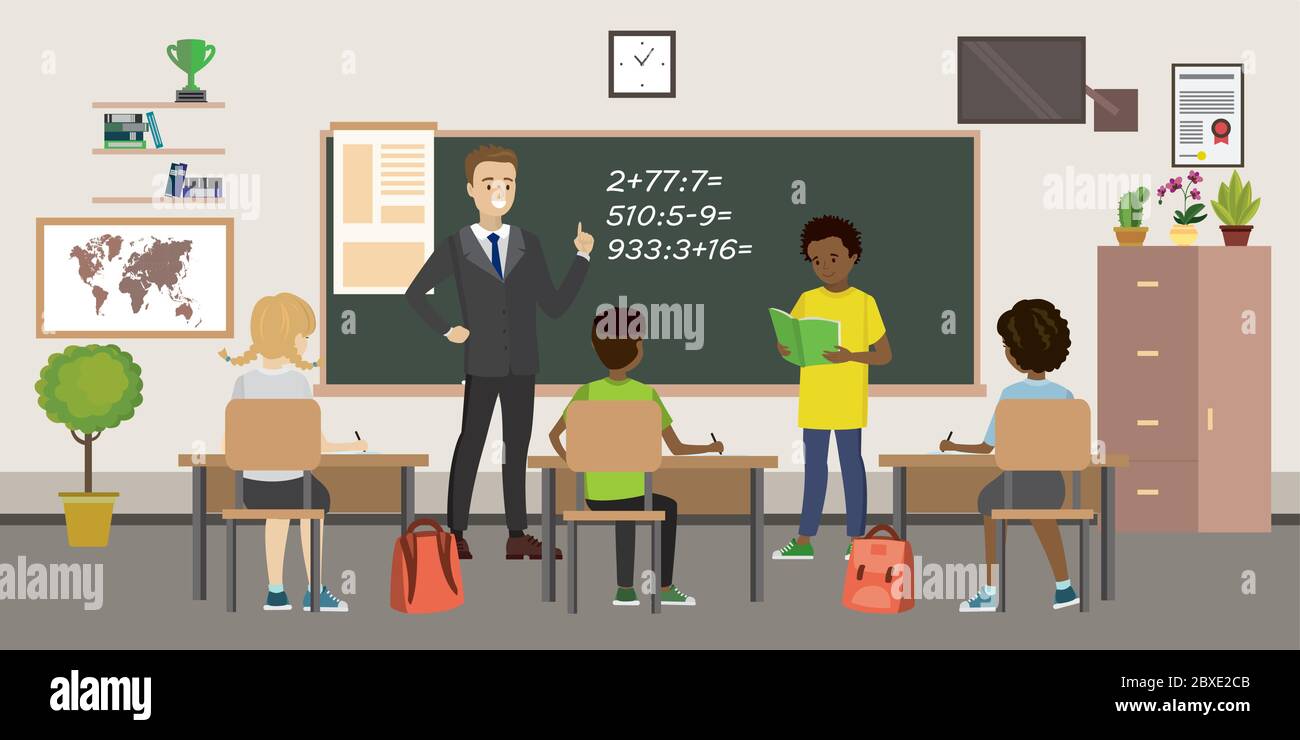 Schulzimmer Interieur, Lehrer und Schüler in der Lektion, Klassenzimmer ...
