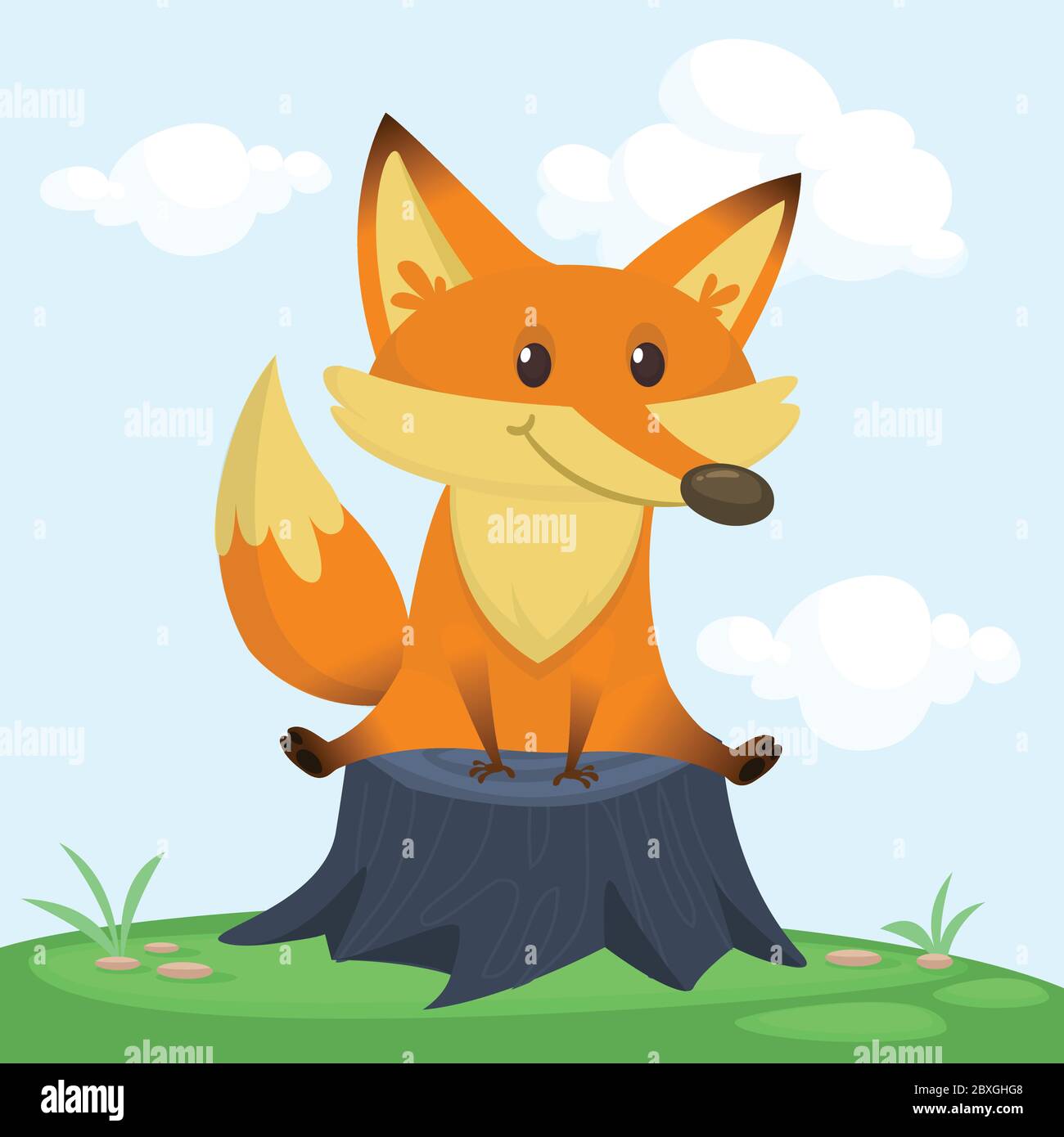 Cartoon glücklich Fuchs sitzt auf Baumstumpf. Vektorgrafik Stock ...