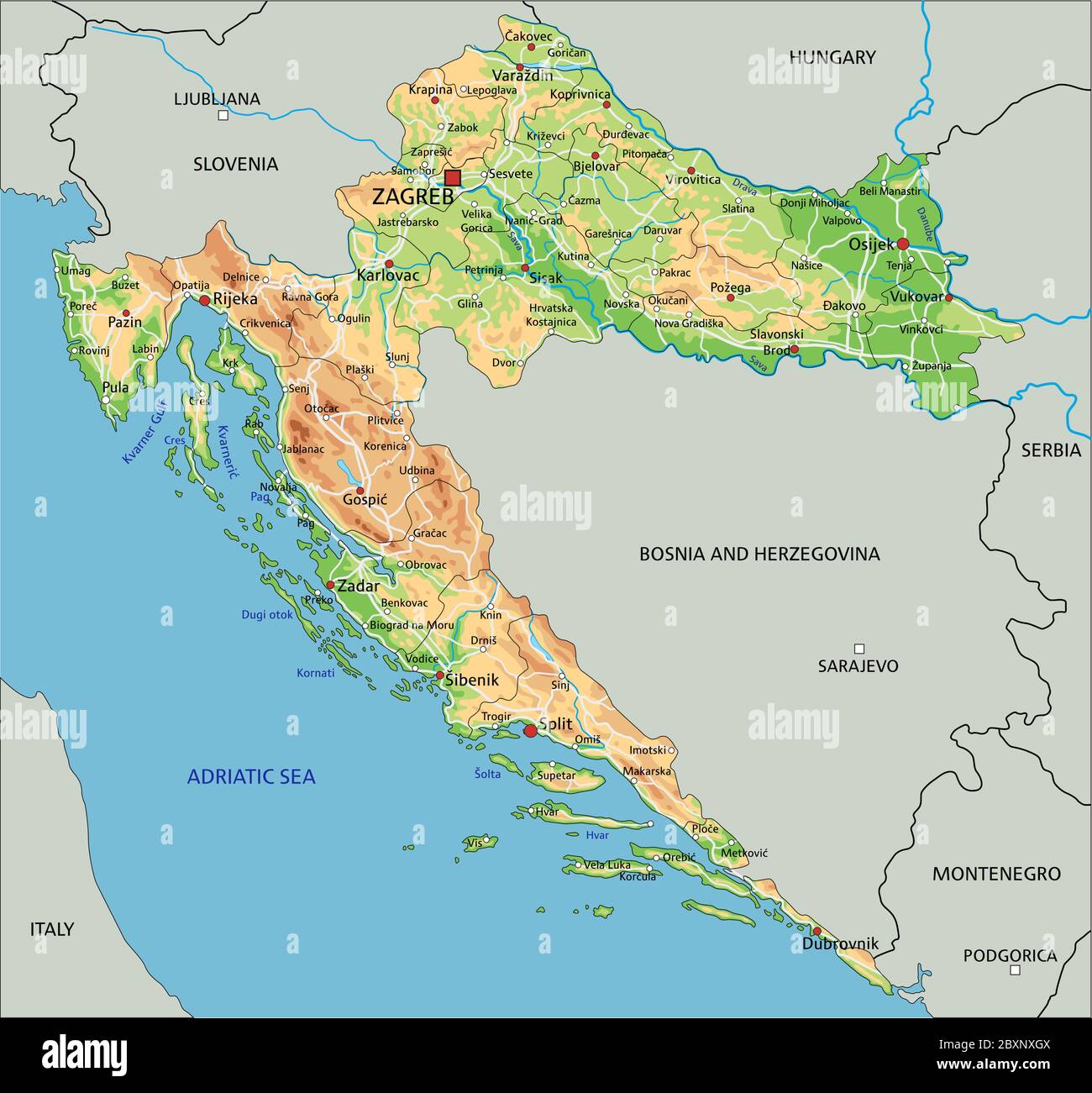 Detaillierte Kroatien physikalische Karte mit Beschriftung Stock ...