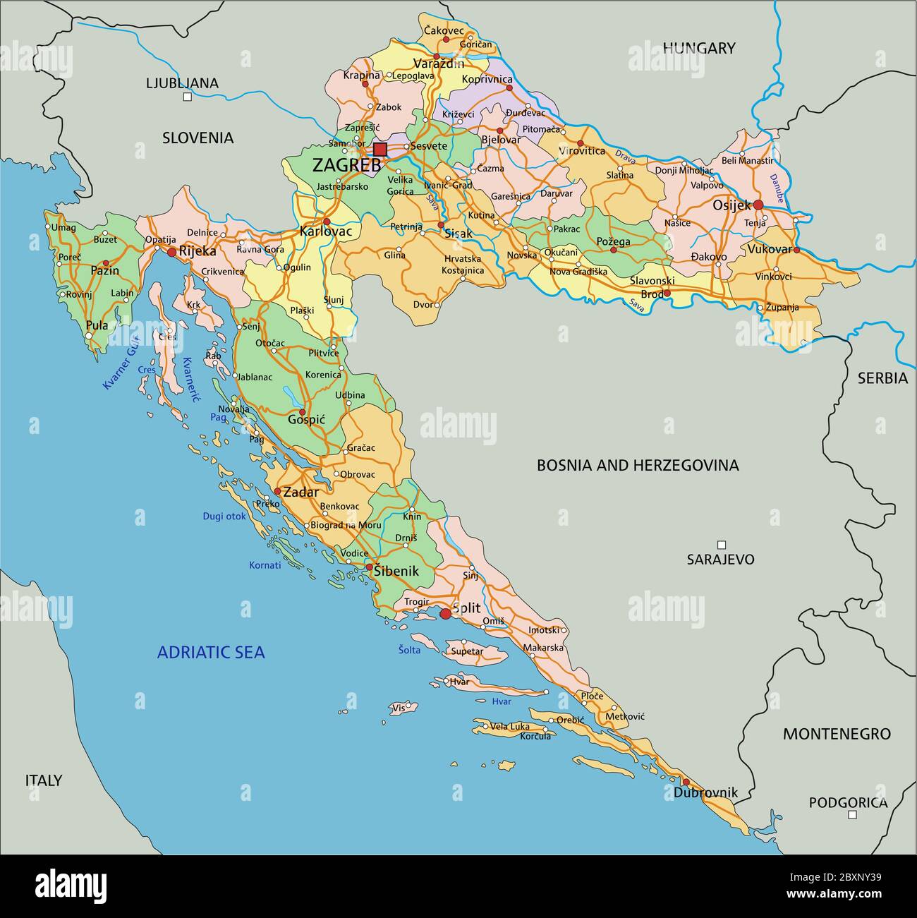 Kroatien - sehr detaillierte editierbare politische Karte mit ...