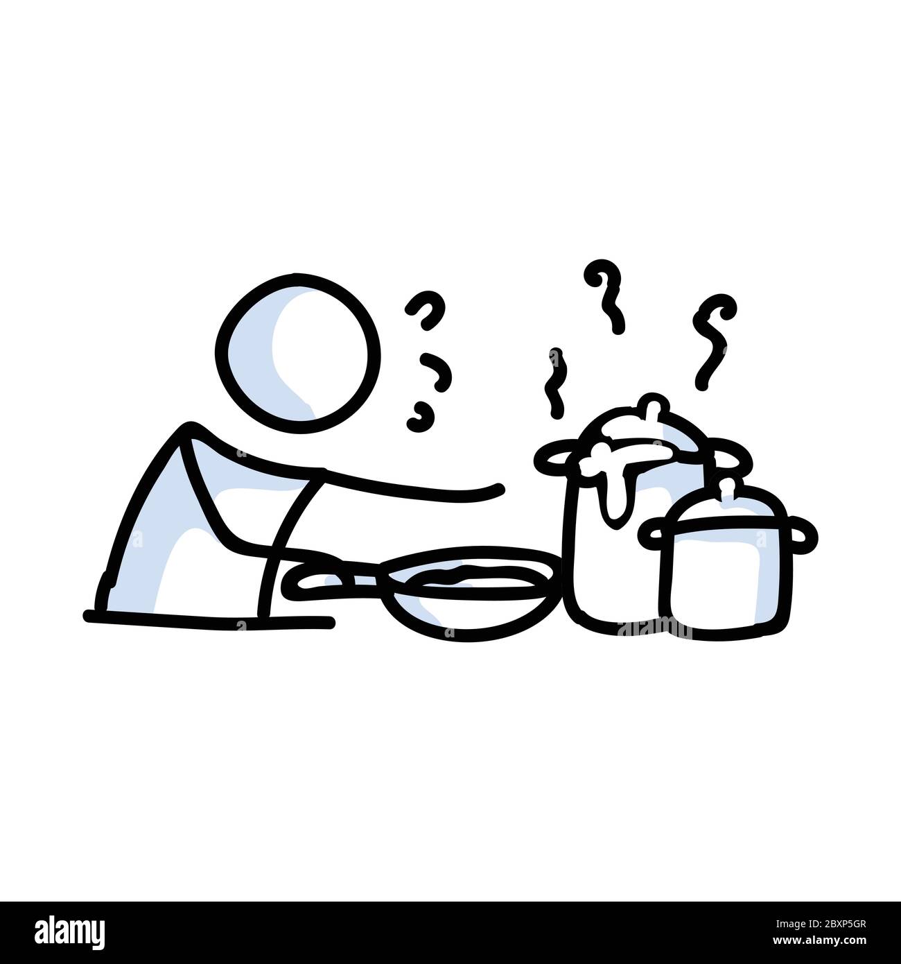 Niedlichen Stick Figur Kochen mit überströmenden Töpfe lineart Symbol ...