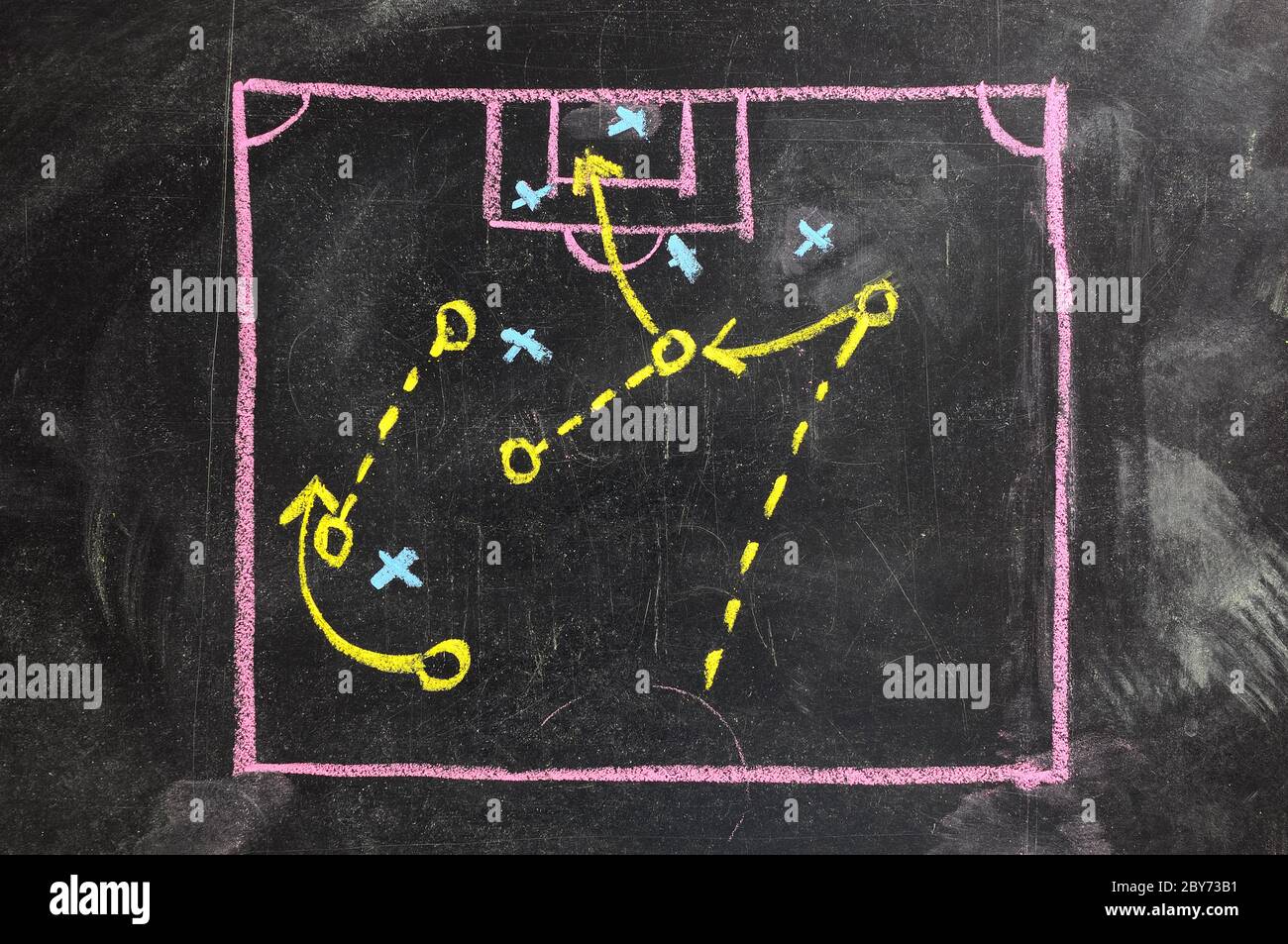 Fußball-Spiel-Strategie mit weißer Kreide auf einer Tafel gezeichnet ...