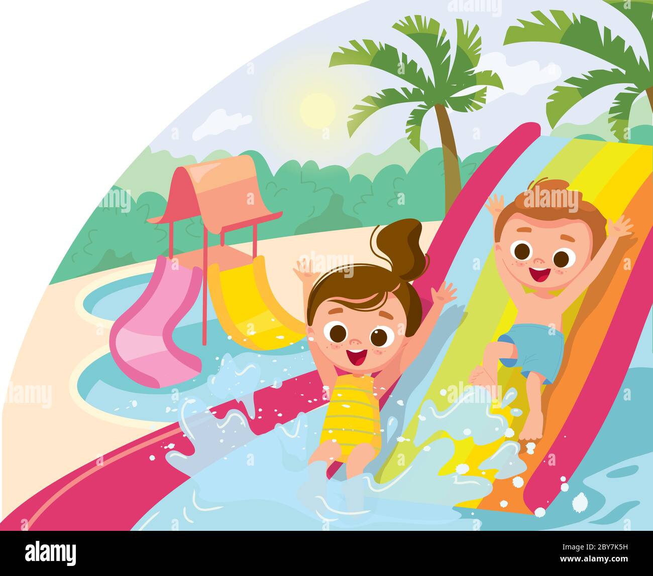 Kinder reiten auf der Rutsche im Aquapark. Kinder schwimmen. Kinder ...