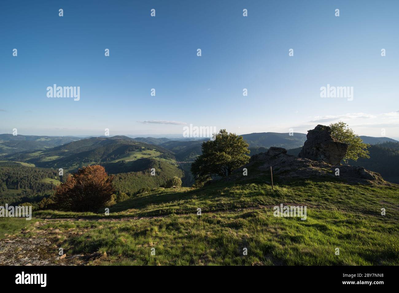 Landschaft mit einem Felsen, der Felsen ist unterhalb des Belchen-Gipfels im Schwarzwald in ...