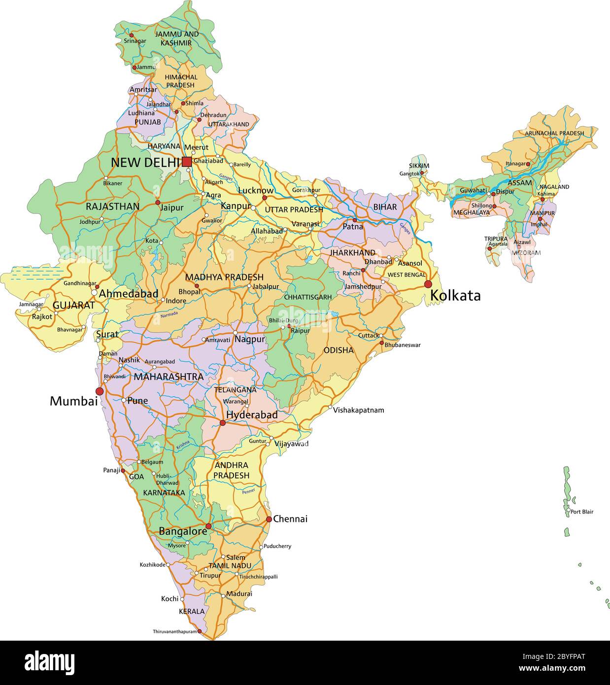 Indien - sehr detaillierte editierbare politische Karte mit ...