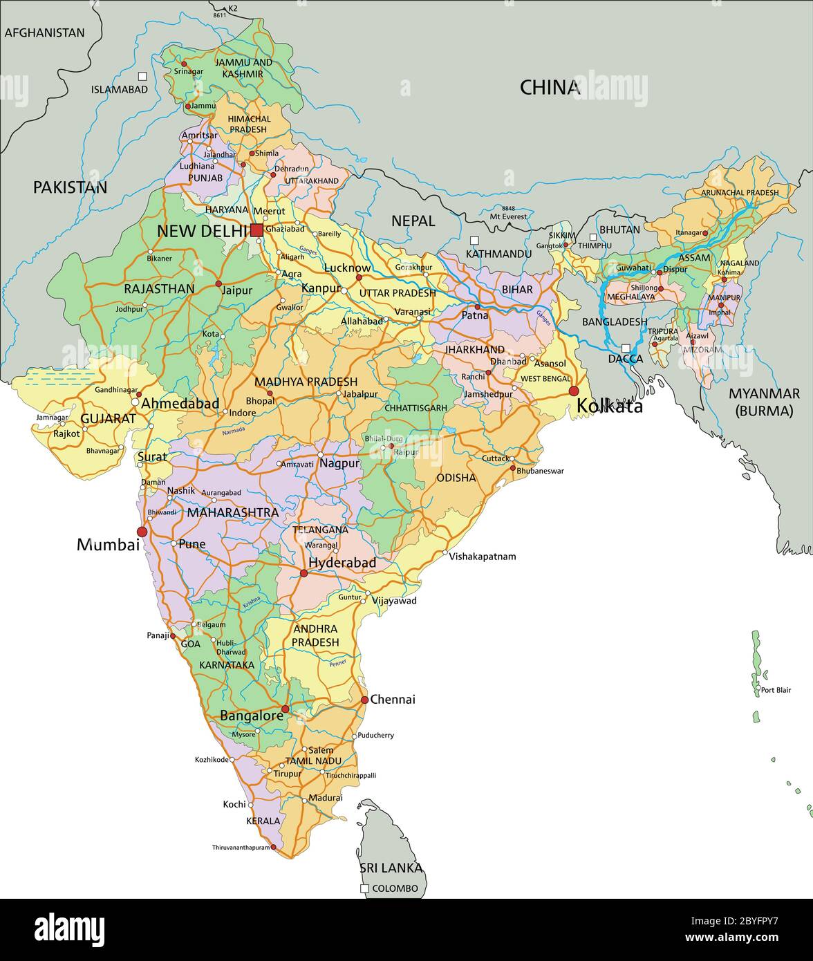 Indien - sehr detaillierte editierbare politische Karte mit ...
