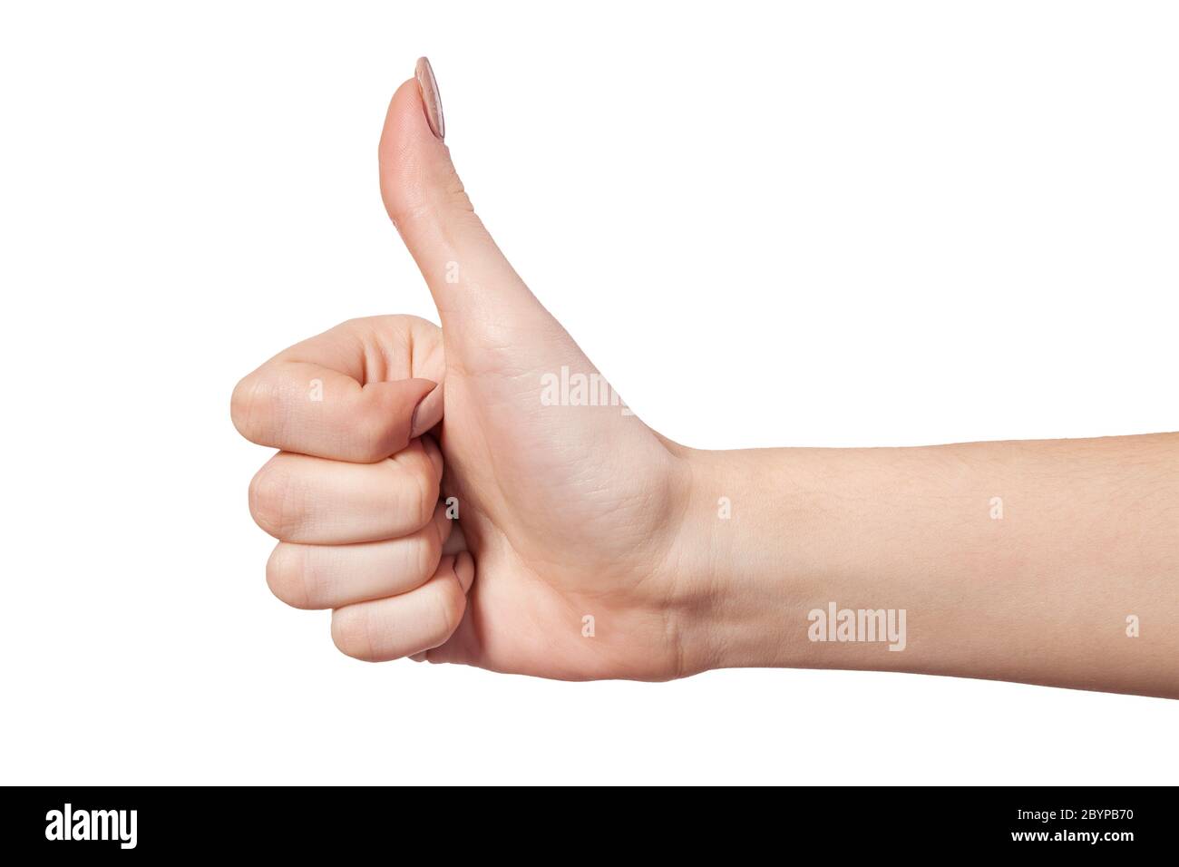 Weibliche Hand zeigt Daumen hoch Zeichen isoliert auf weiss Stockfotografie - Alamy
