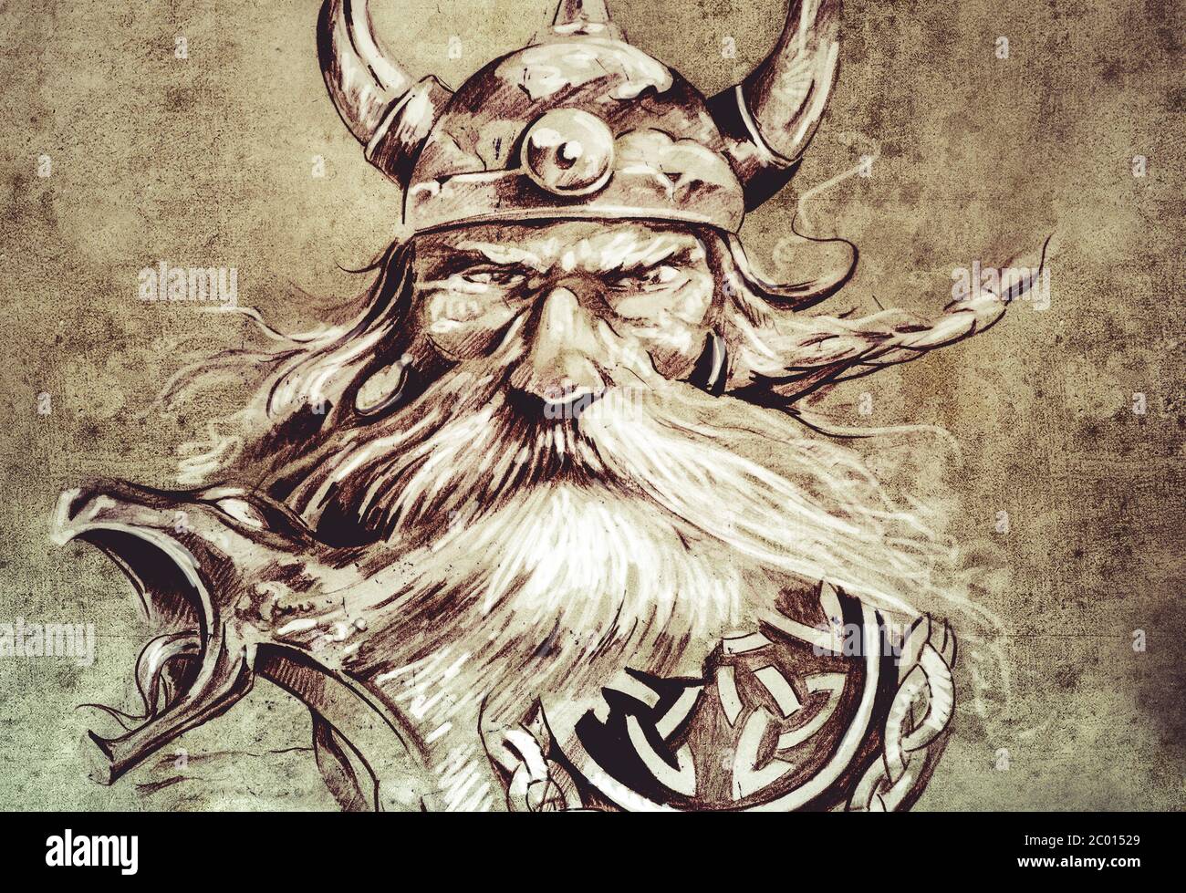 Tattoo-Kunst, Skizze, ein Wikinger-Krieger, Illustration von eine alte ...