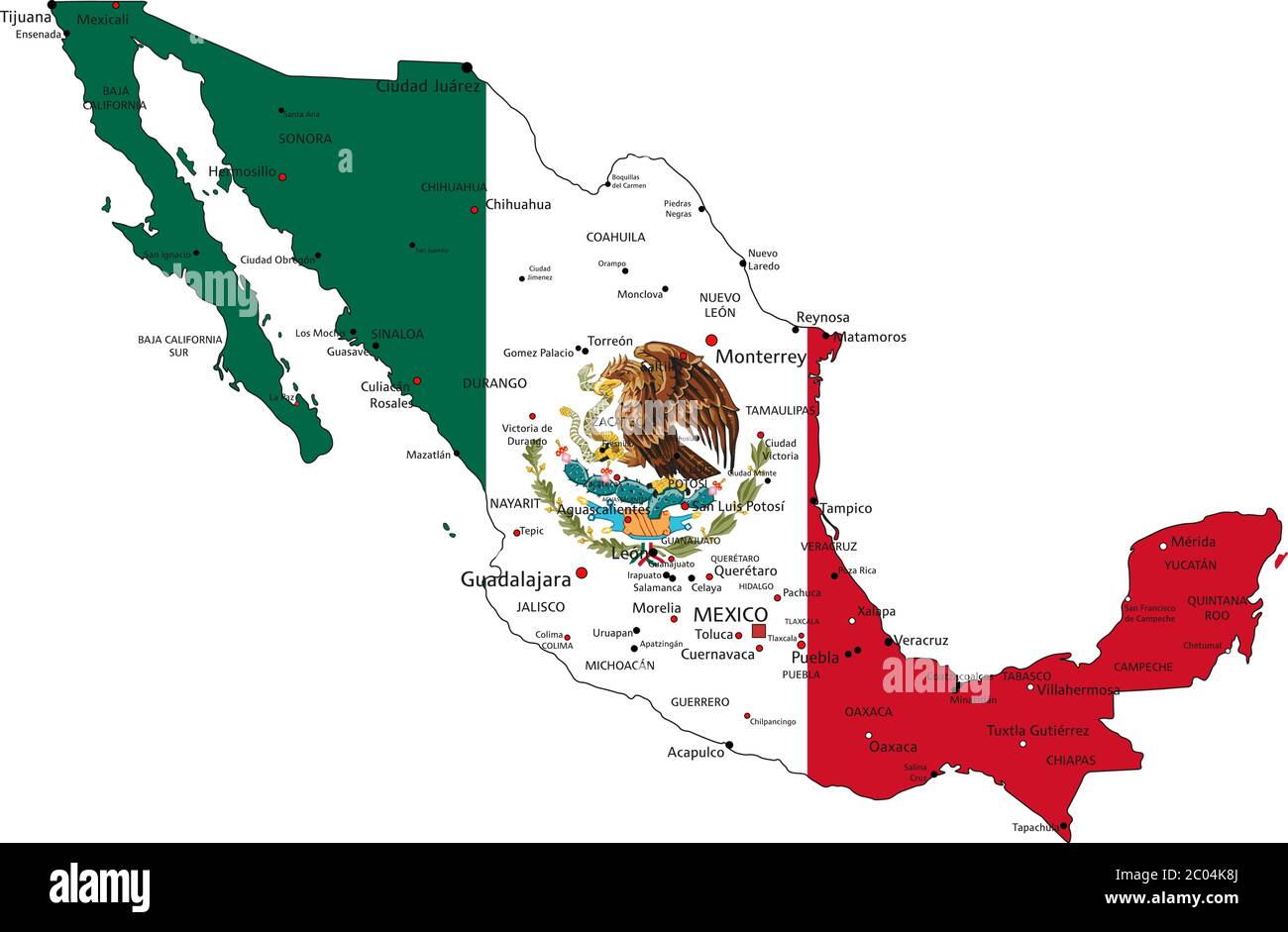 Mexiko sehr detaillierte politische Karte mit Nationalflagge Stock ...
