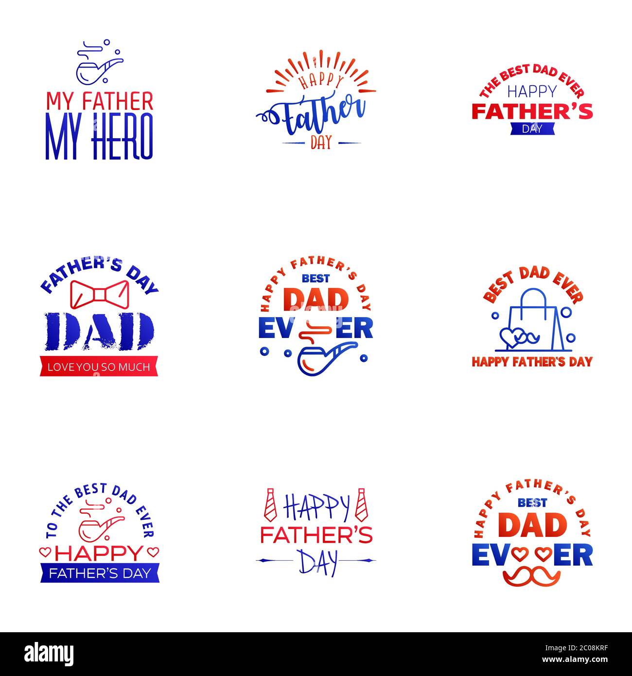 9 Blau und Rot Set von Vector Happy Vaters Day. Typografie Vintage ...