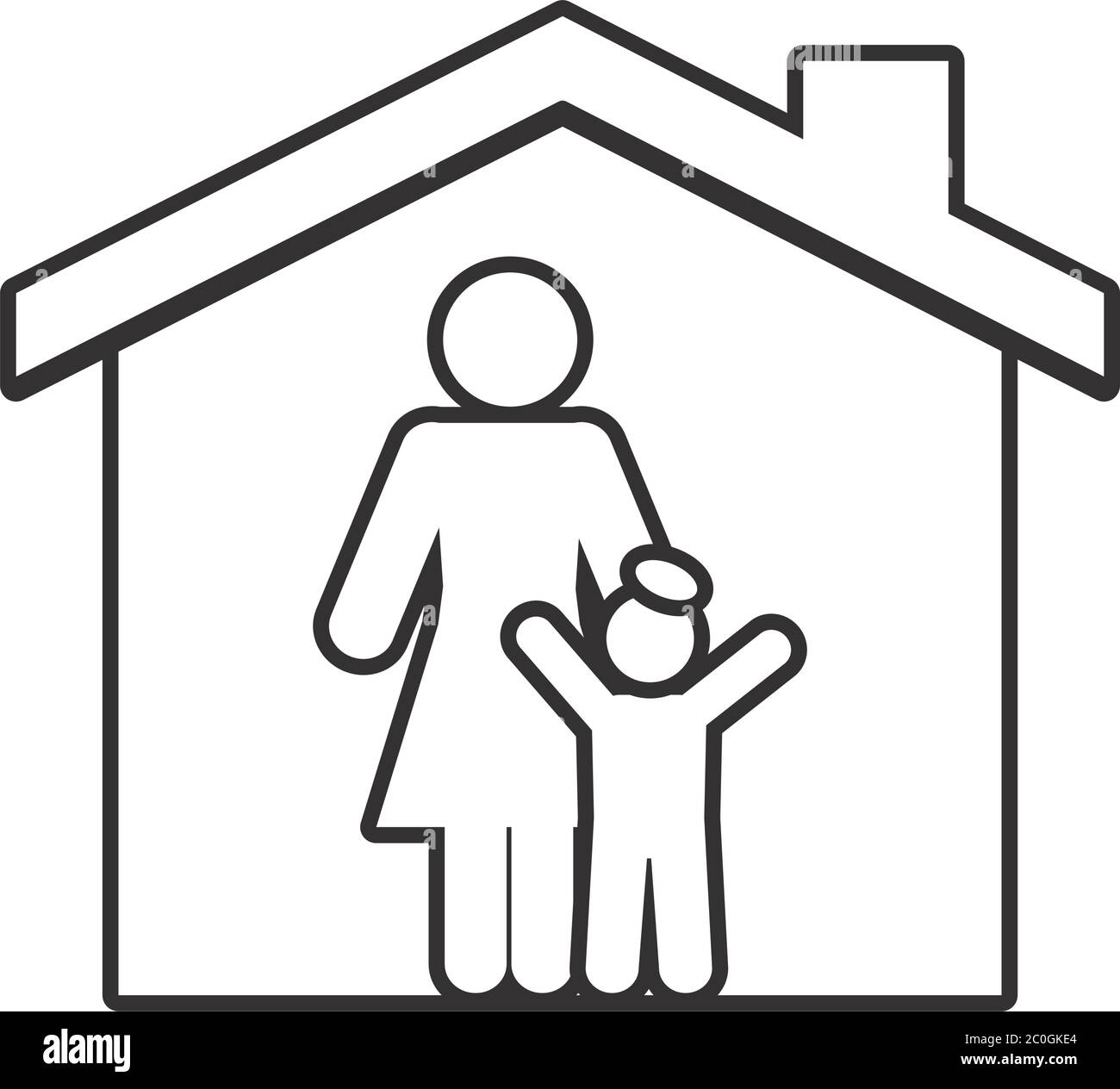 Haus mit Piktogramm Frau und Junge auf weißem Hintergrund, Linienstil ...