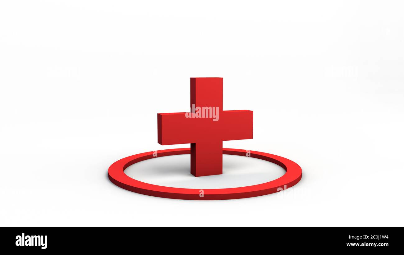 Rotes Plus-Symbol im Kreis. 3D-Illustration. Weißer neutraler ...
