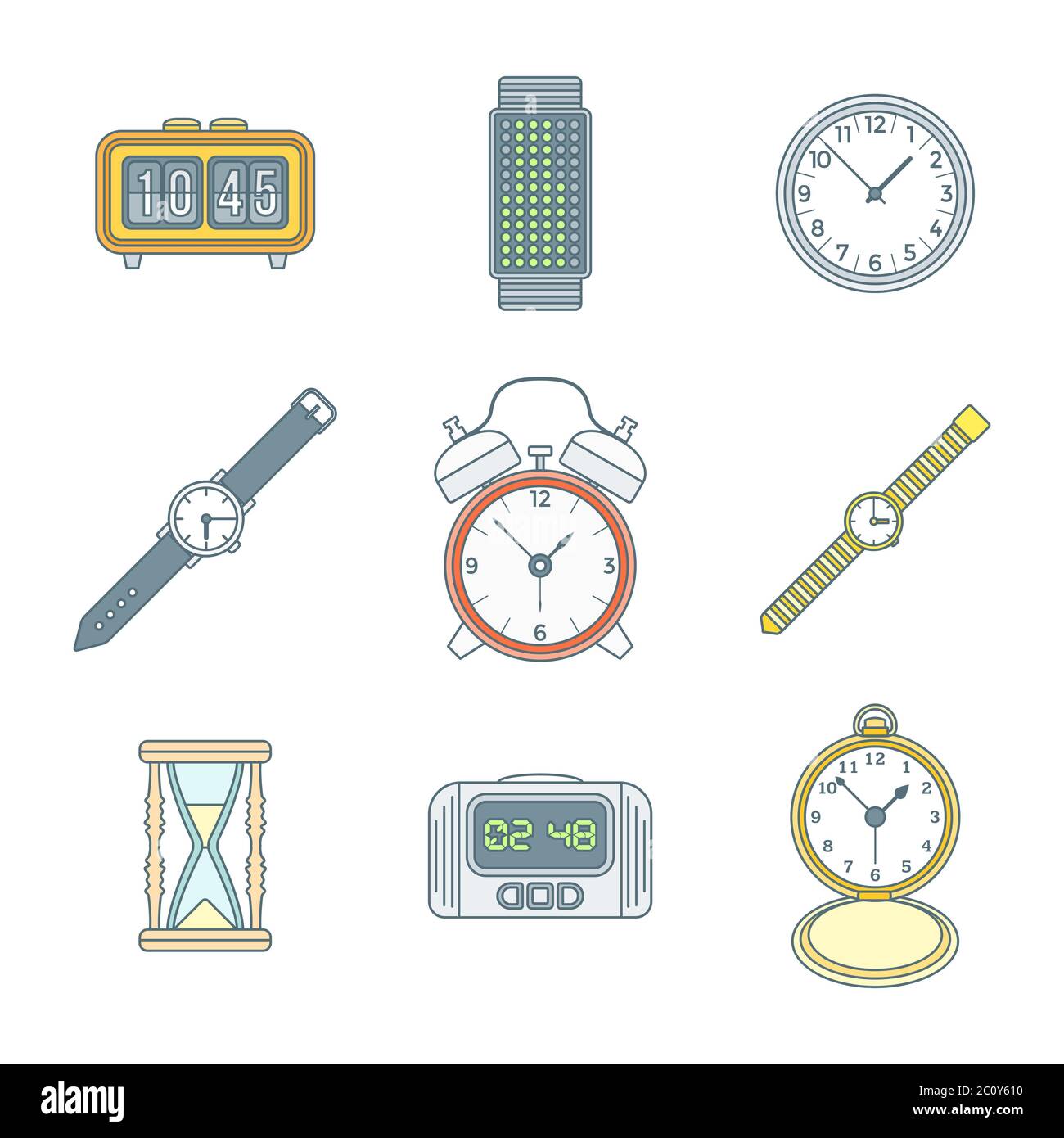 Farbige Umriss verschiedene Uhren Uhren Symbole gesetzt Stockfotografie ...