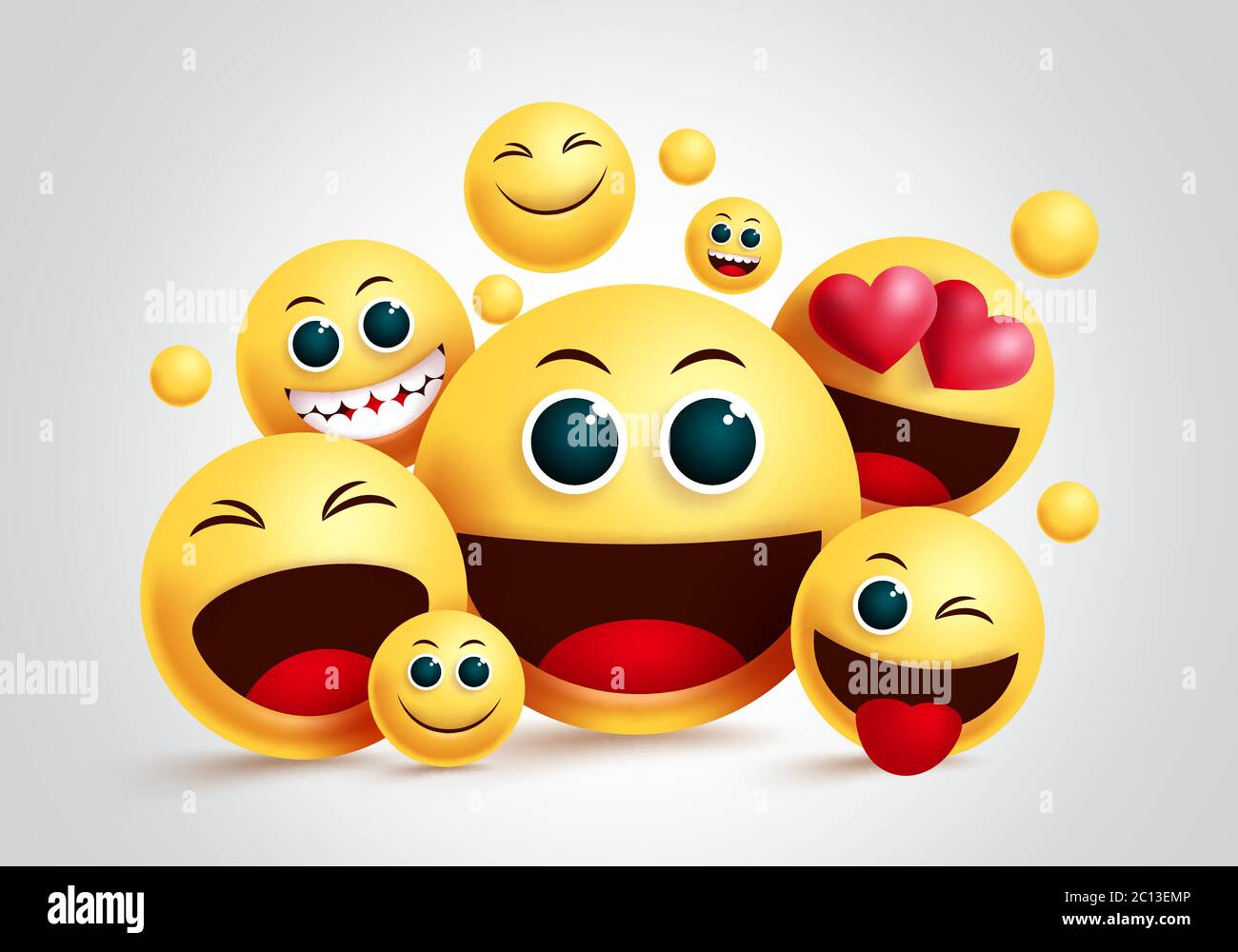 Smiley Emoji Gruppe Vektor-Design. Emojis gelb Smiley Gesicht von ...