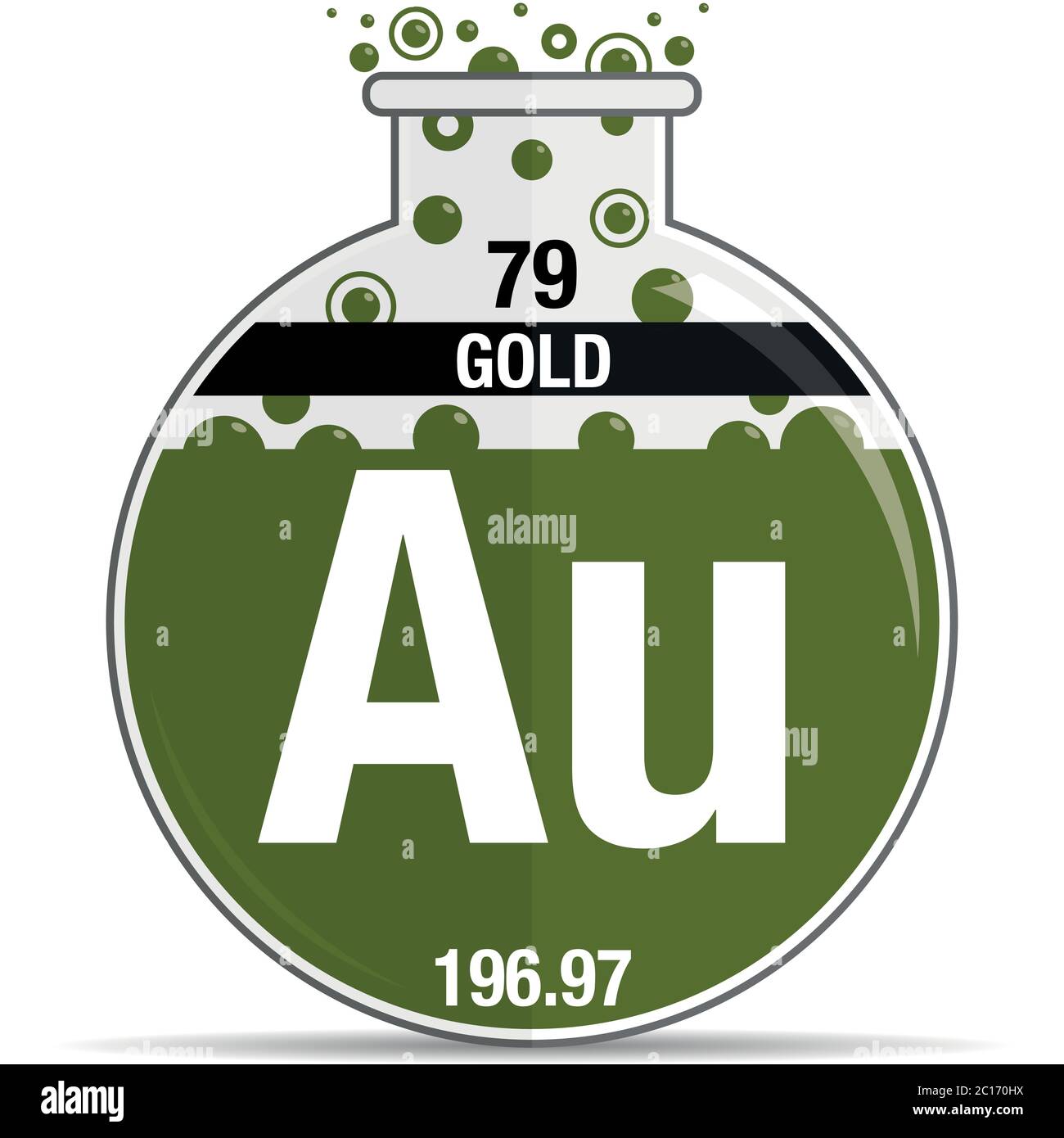 Goldenes Symbol auf chemischem Rundkolben. Elementnummer 79 des ...