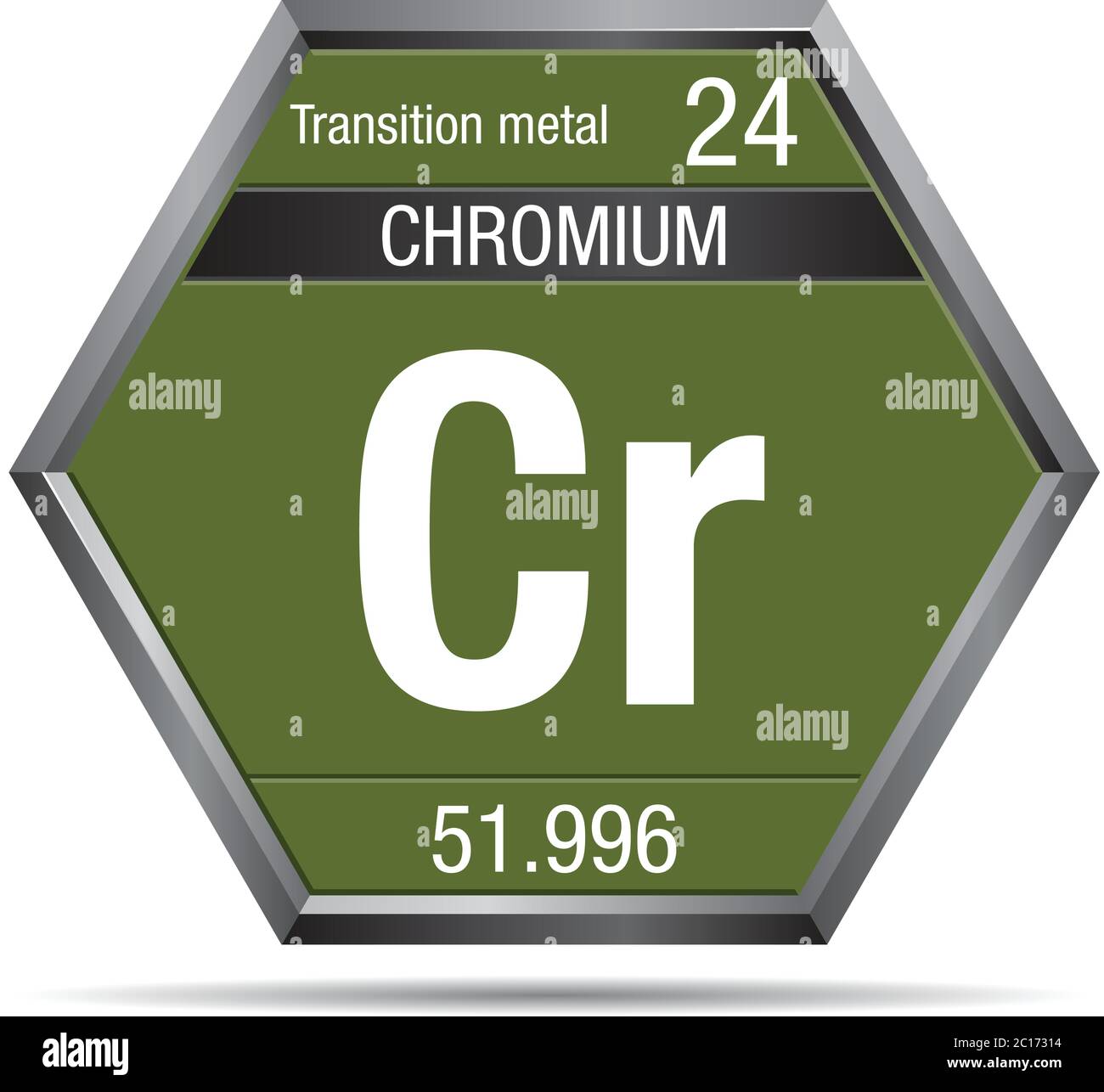 Chrom-Symbol in Form eines Sechsecks mit einem metallischen Rahmen ...