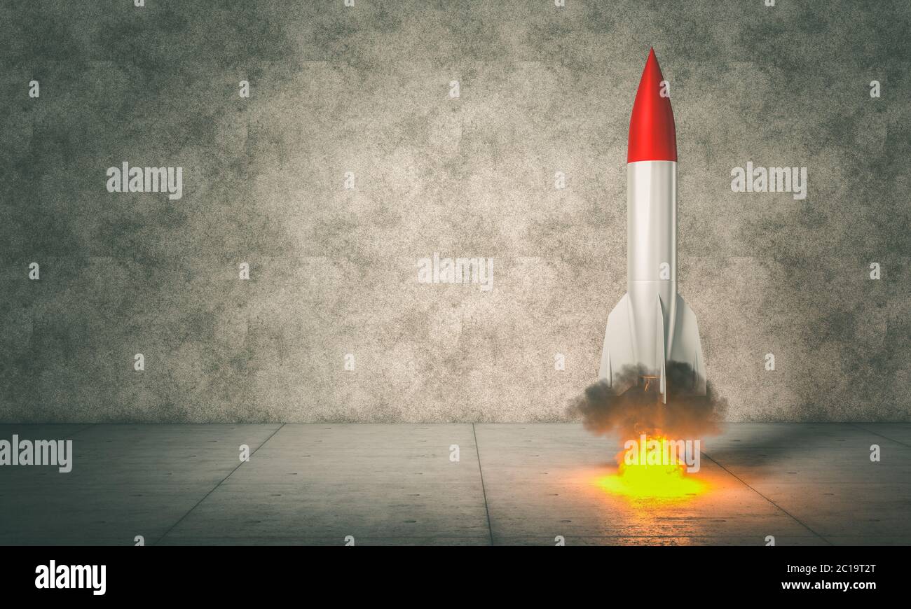 3d Renderbild einer Rakete, die sich abheben wird. Flammen und Rauch ...