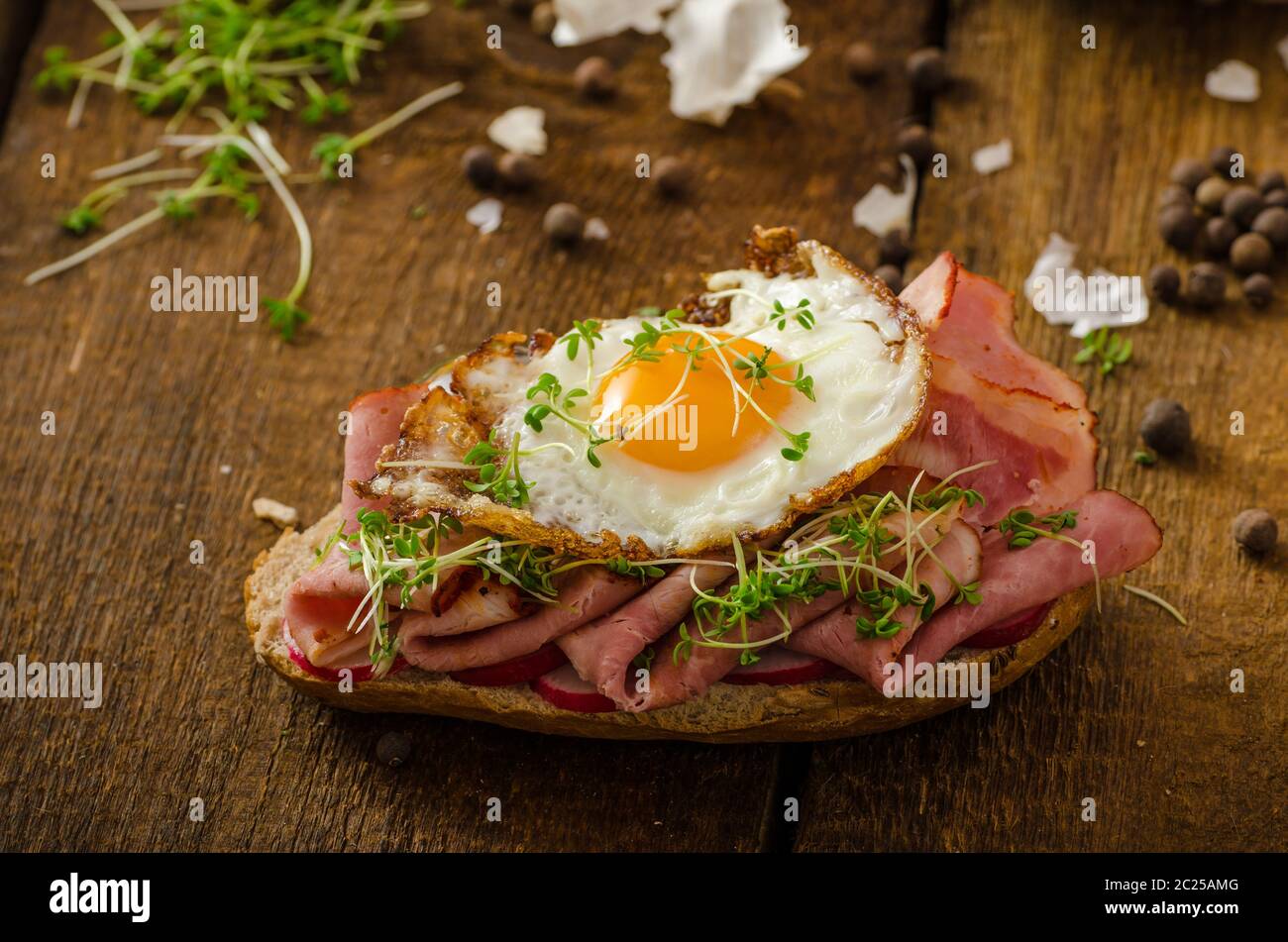 Geräucherter Schinken-Sandwich, Bauernbrot mit Bullseye Ei, Microgreens ...