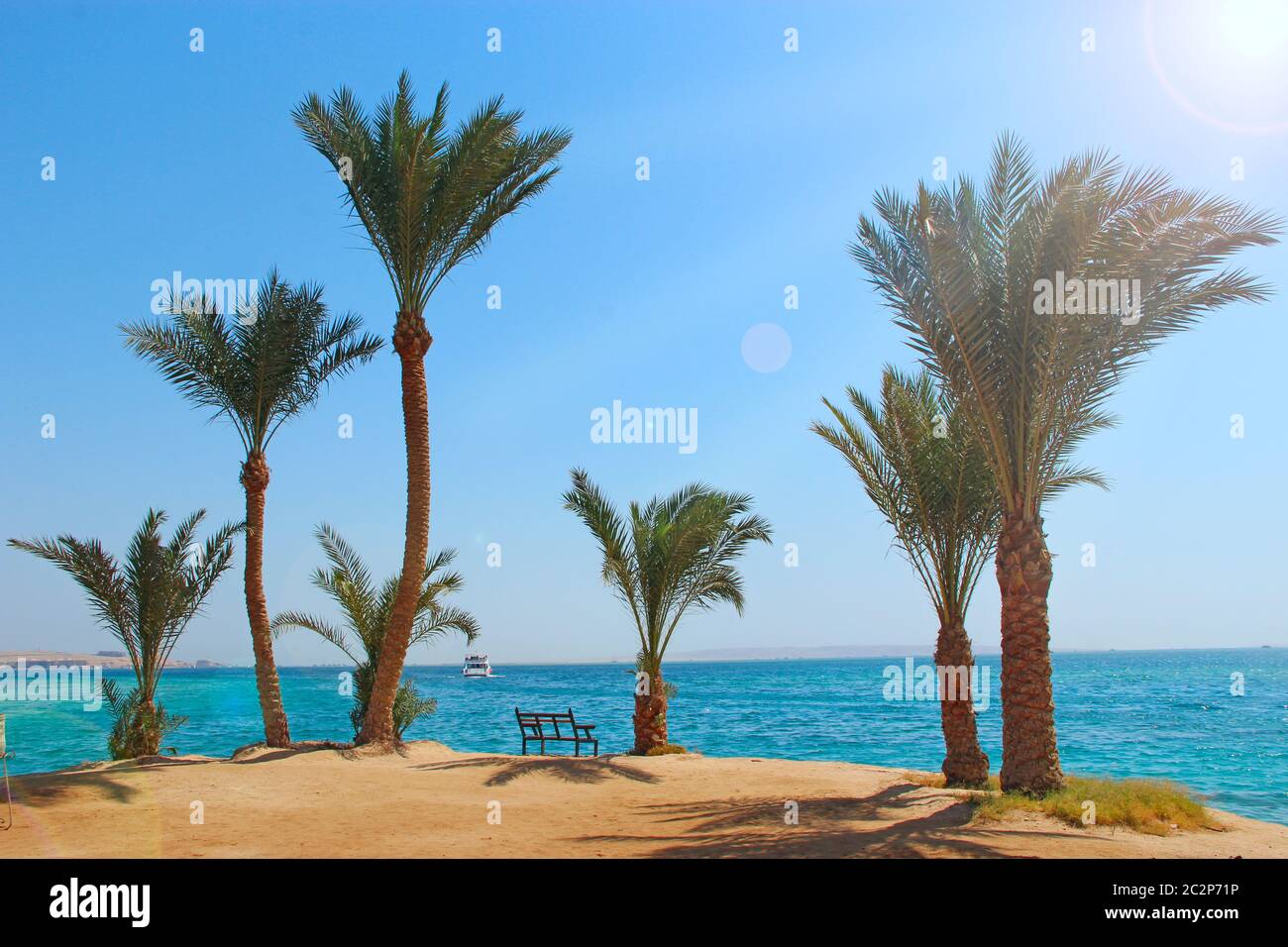 Blick auf das tropische Resort mit Palmen, Sand und Sandstrand ...