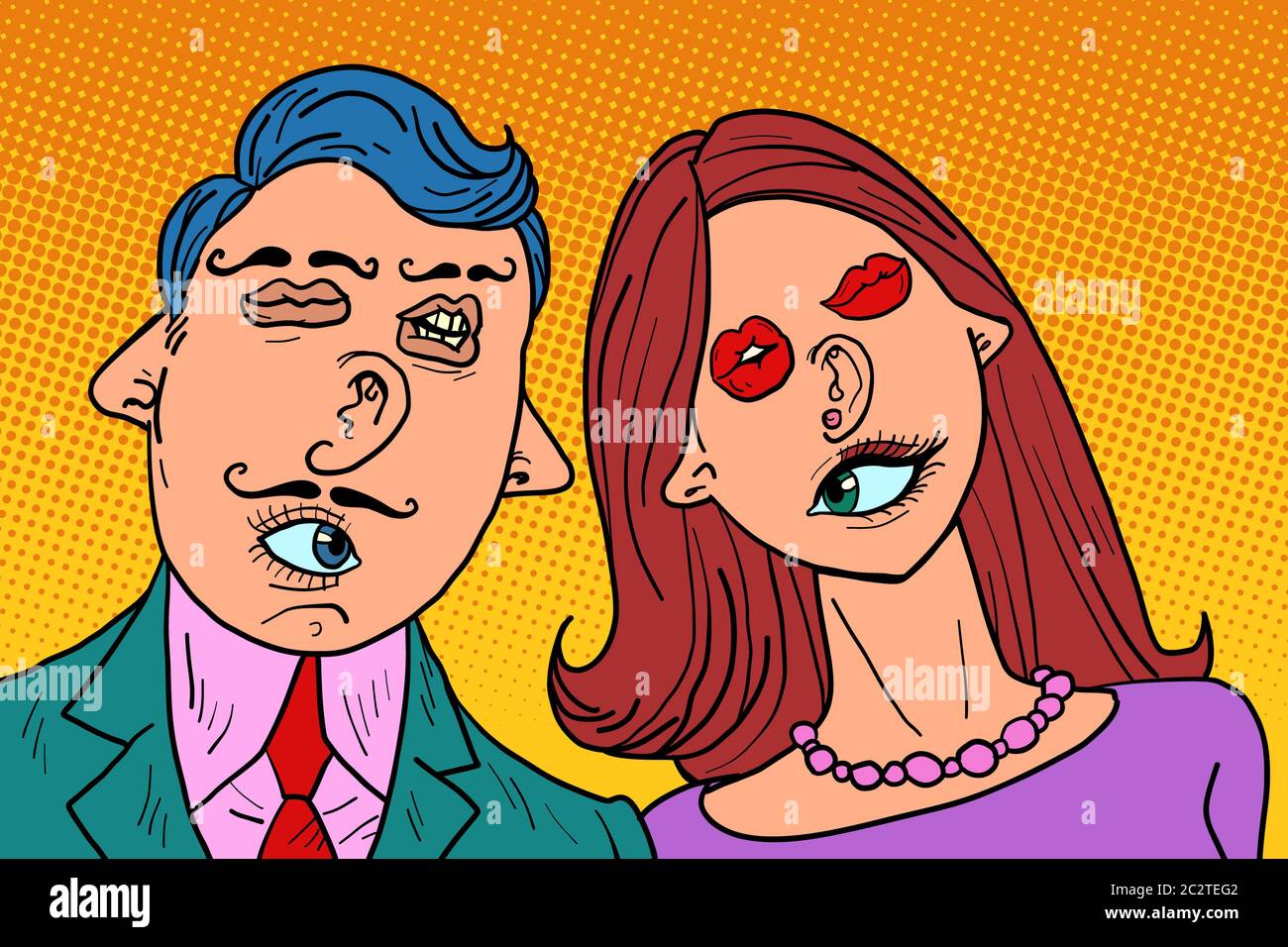 Lustig Paar in der Liebe. Gemischt gesicht augen Mund Nase Ohren. Comic ...