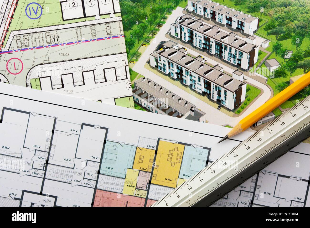 Architekturprojekt - Generalplan, perspektivische Ansicht und Grundriss ...