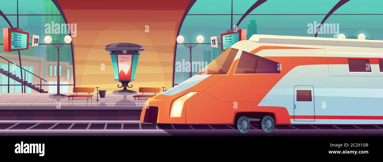 Bahnhof mit Zug und Bahnsteig mit Bänken und Fahrplan. Vektor-Cartoon ...