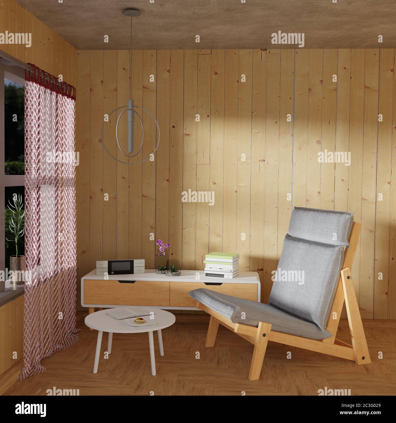 Illustration einer Leseecke mit Sessel, Tisch und Sideboard ...