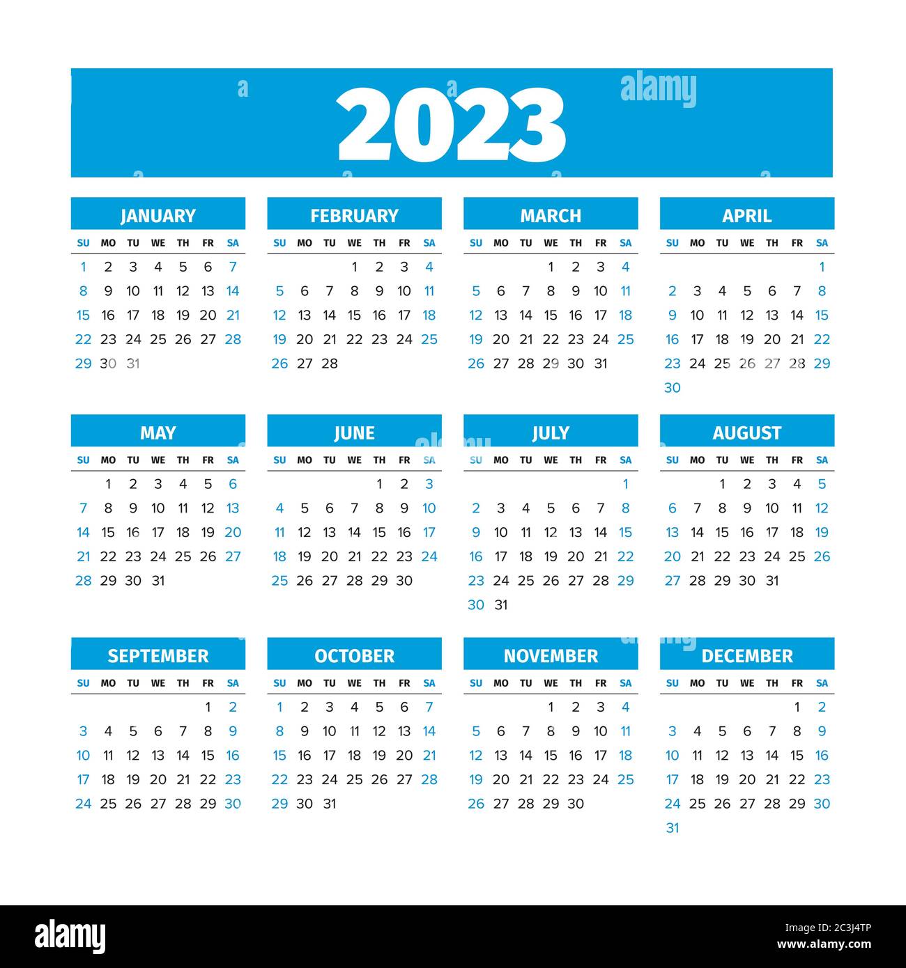 2023 Kalender mit den Wochen beginnen am Sonntag Stock-Vektorgrafik - Alamy
