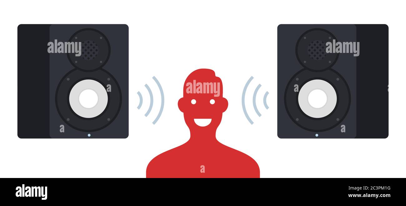 Der Mensch hört Musik aus den Lautsprechern Musiker Vektor-Symbol flach ...