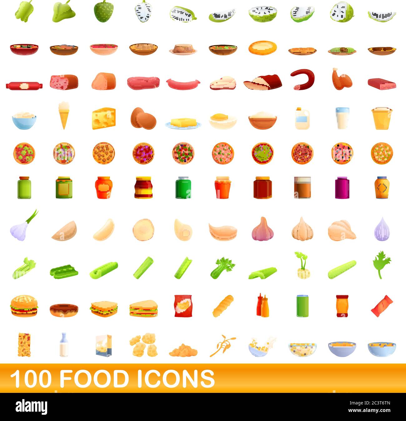 100 Essen Symbole gesetzt. Cartoon Illustration von 100 Essen Symbole ...