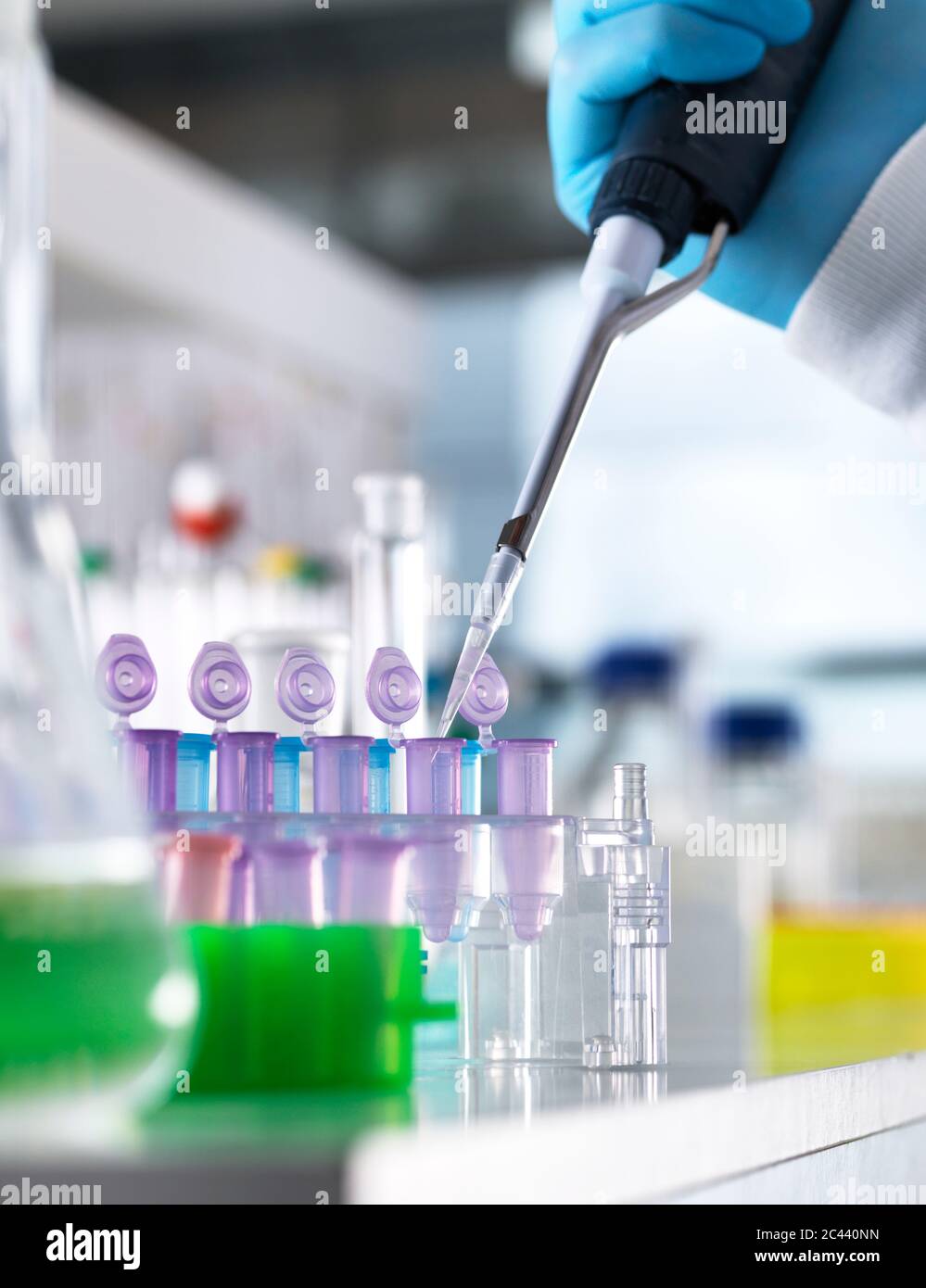 7/8 Hand der Wissenschaftler das Pipettieren von DNA-Proben in Röhrchen ...