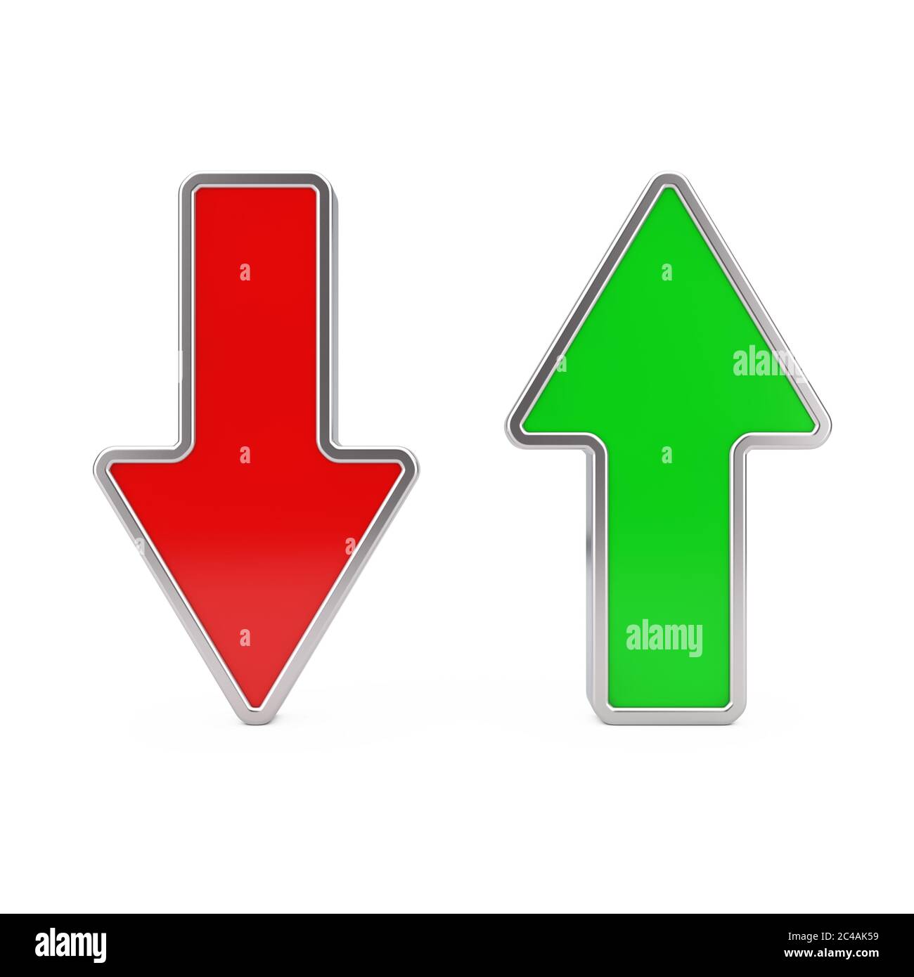 Roter Pfeil nach unten und grüner Pfeil nach oben auf weißem Hintergrund. 3d-Rendering ...