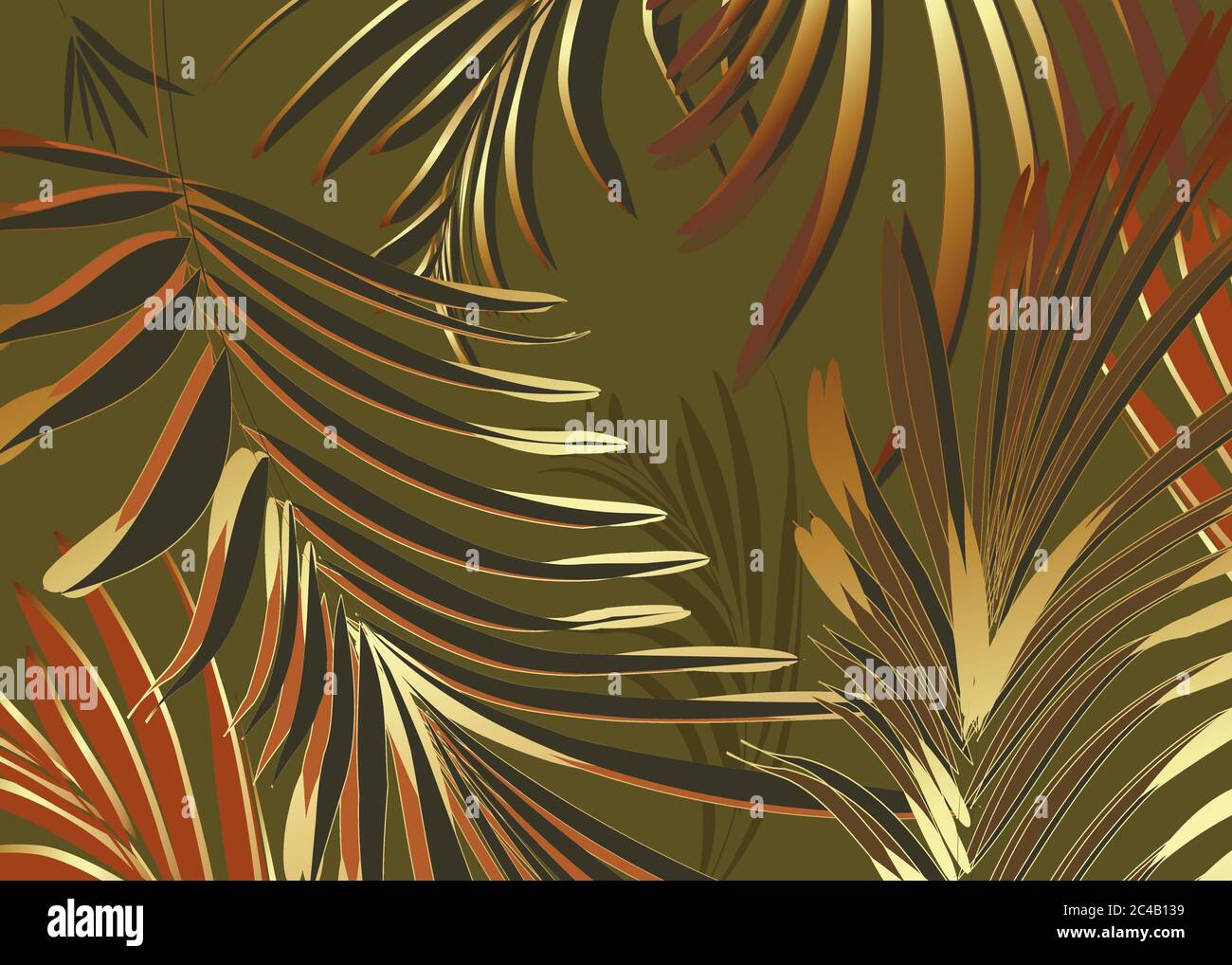 Grüne Palmenmuster Vorlage, Laub Blätter mit Goldfolie Hand gezeichnete ...