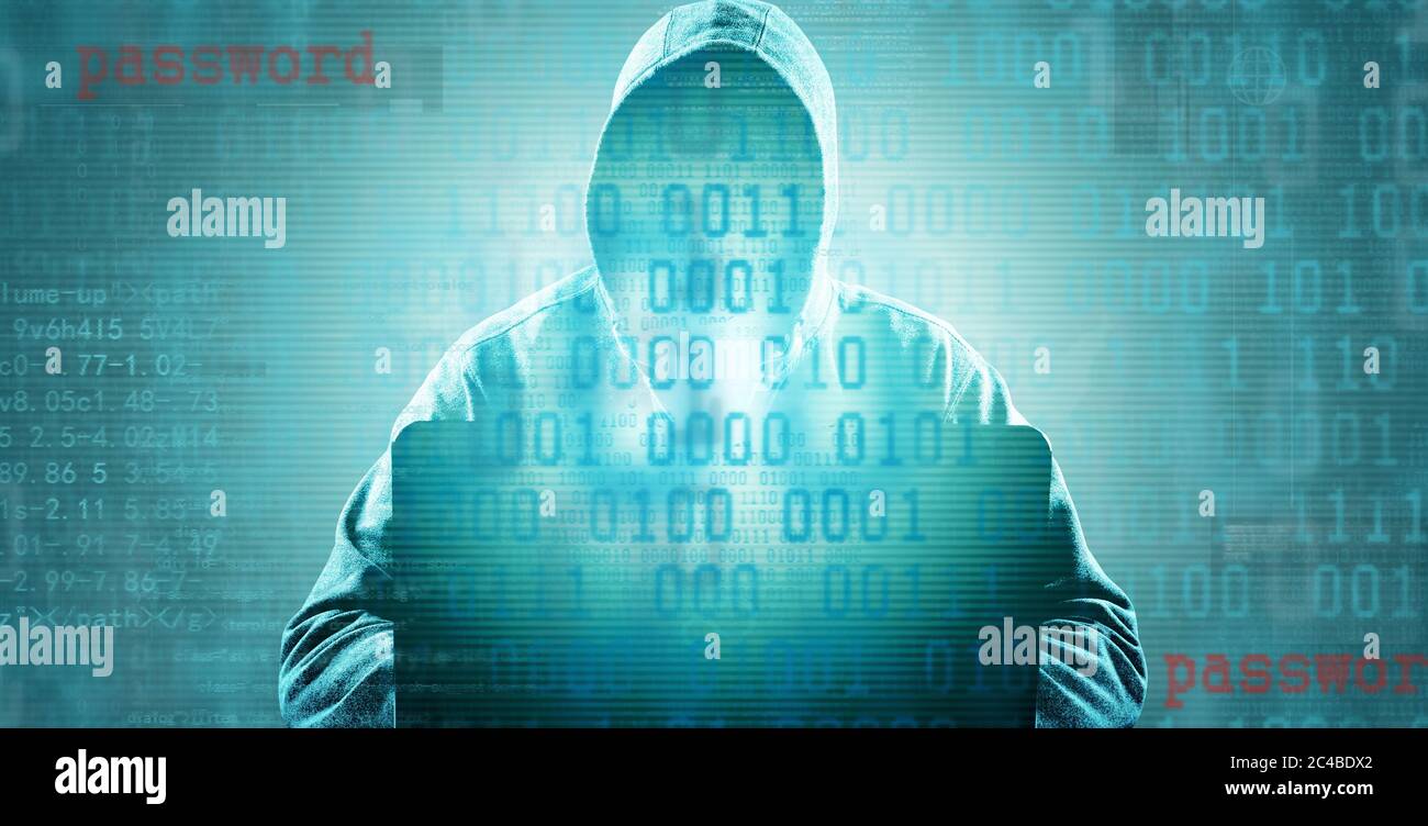 Hacker druckt einen Code auf einer Laptop-Tastatur, um in einen ...
