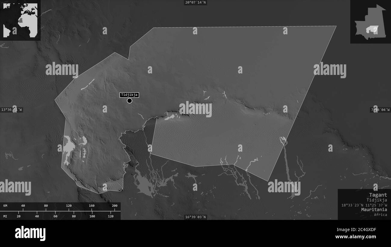 Tagant, Region Mauretanien. Graustufen-Karte mit Seen und Flüssen. Form ...