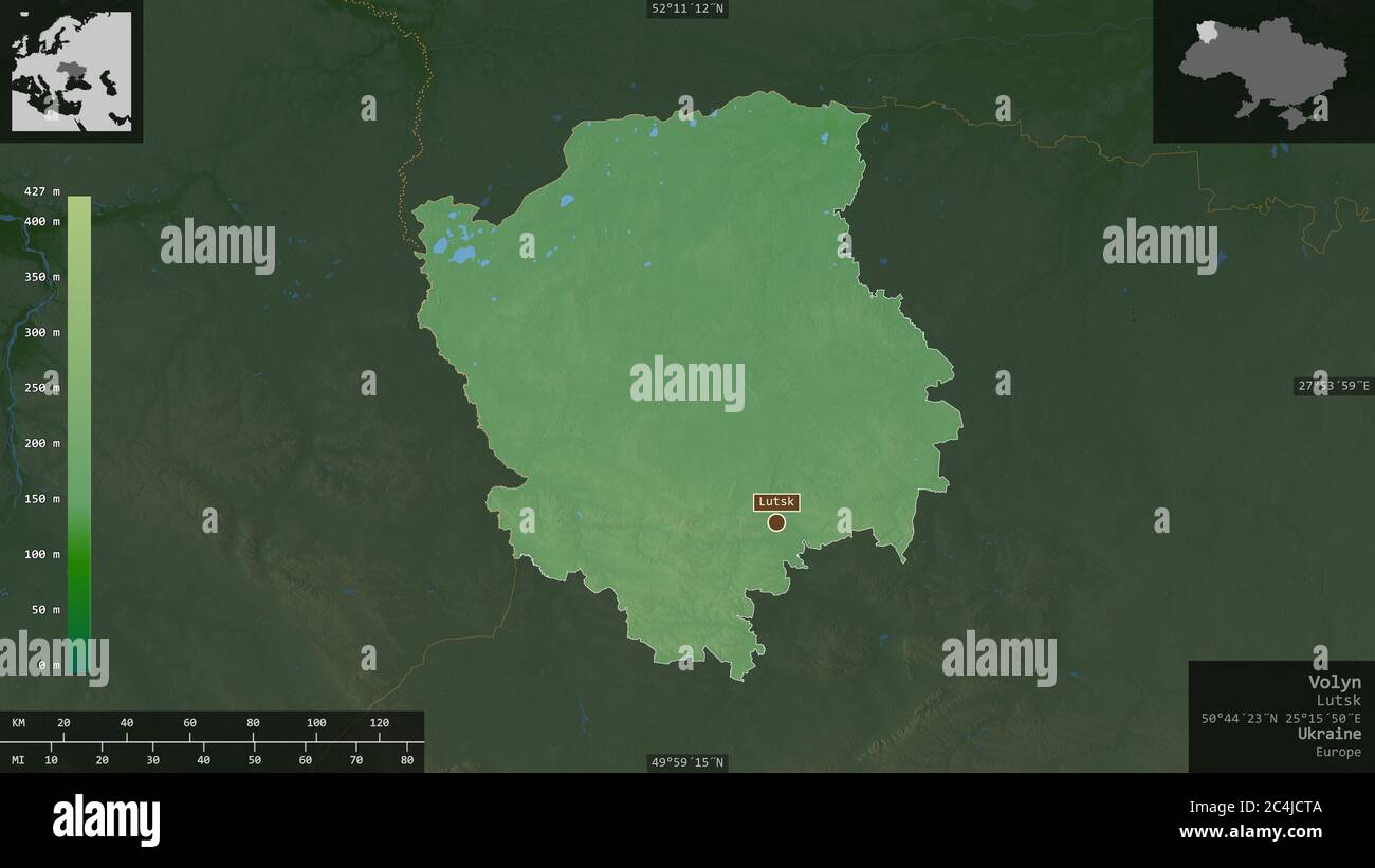 Wolyn, Region der Ukraine. Farbige Shader-Daten mit Seen und Flüssen ...